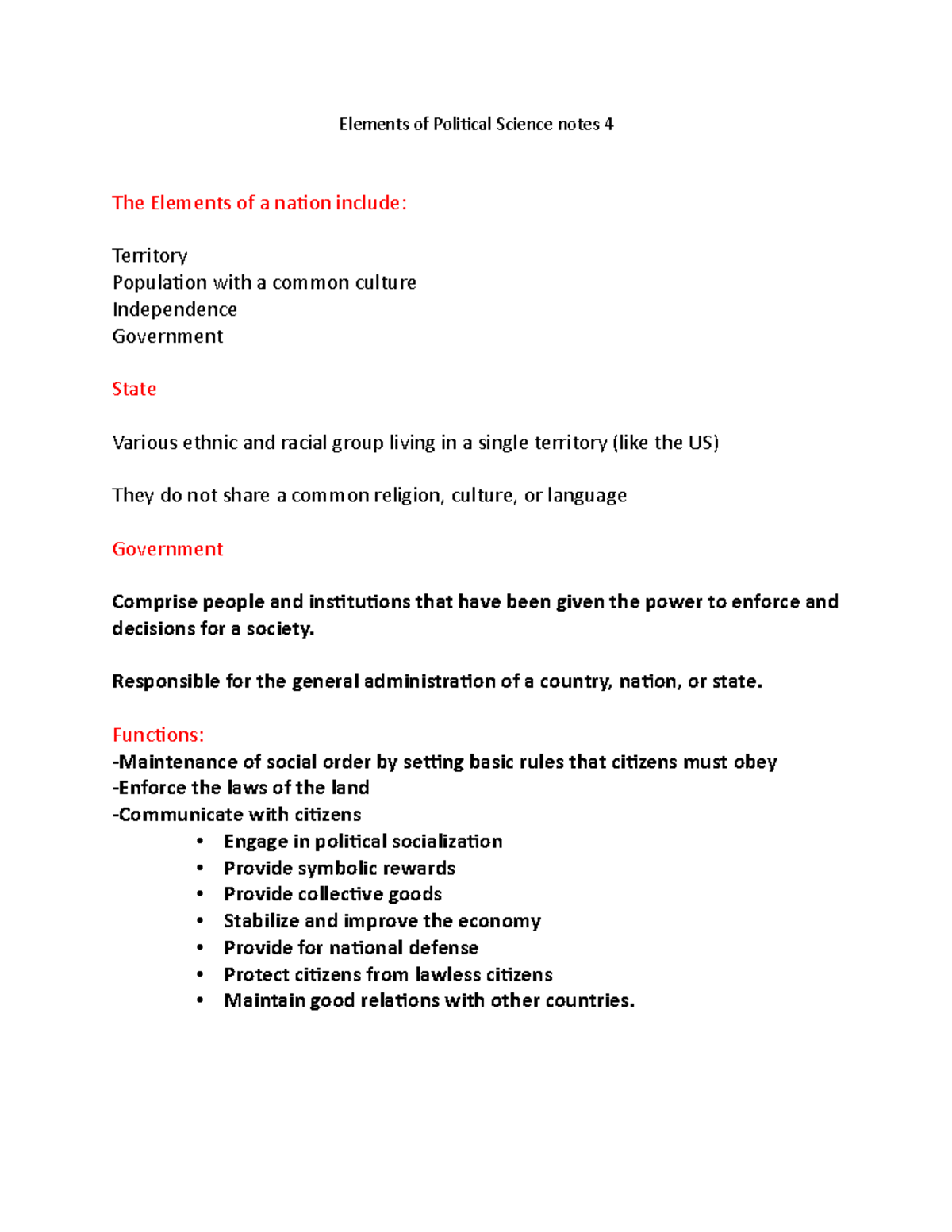 Elements of Political Science notes 4 - Responsible for the general ...