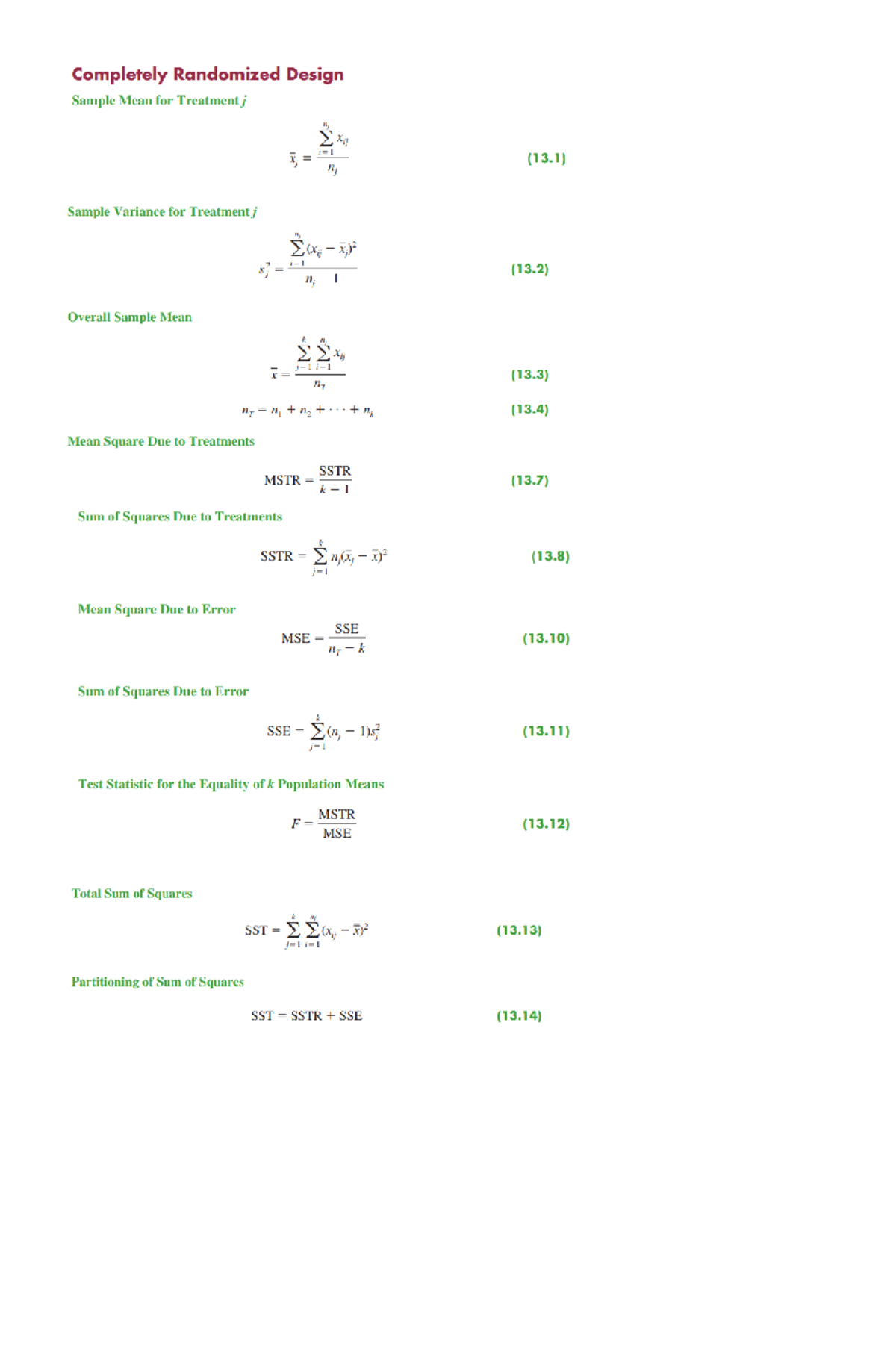 Quiz 3 formula Sheet - Completely Randomized Design Sample Mean for ...