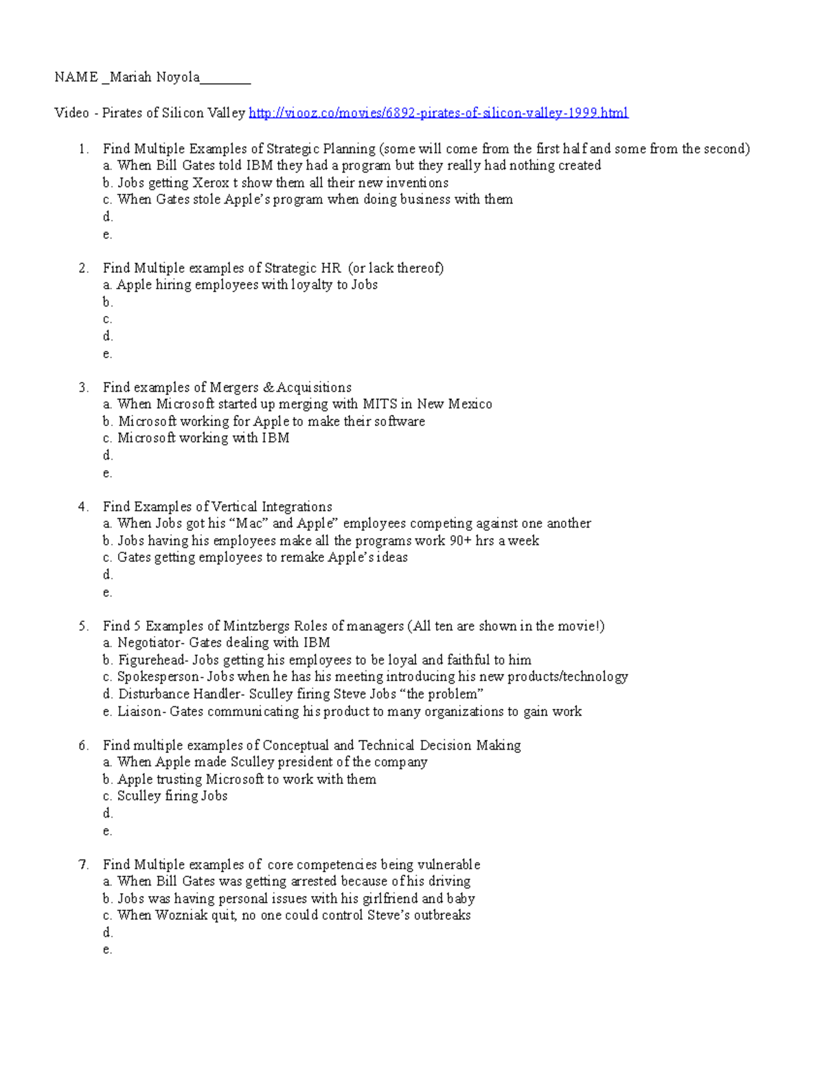 PSV Assignment - NAME _Mariah Noyola_______ Video - Pirates of Silicon ...