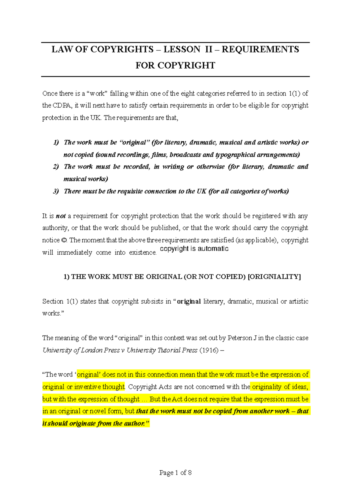 LAW OF Copyrights 02 - study note help - LAW OF COPYRIGHTS – LESSON II ...