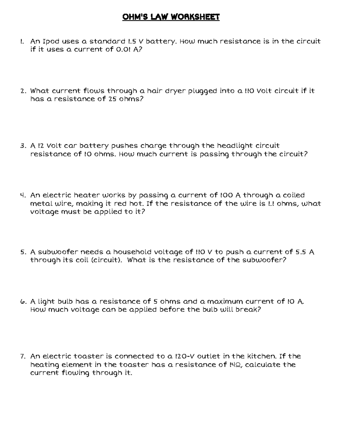 Blank 11.3 Ohms Law Worksheet NEW - OHM'S LAW WORKSHEET An Ipod uses a ...