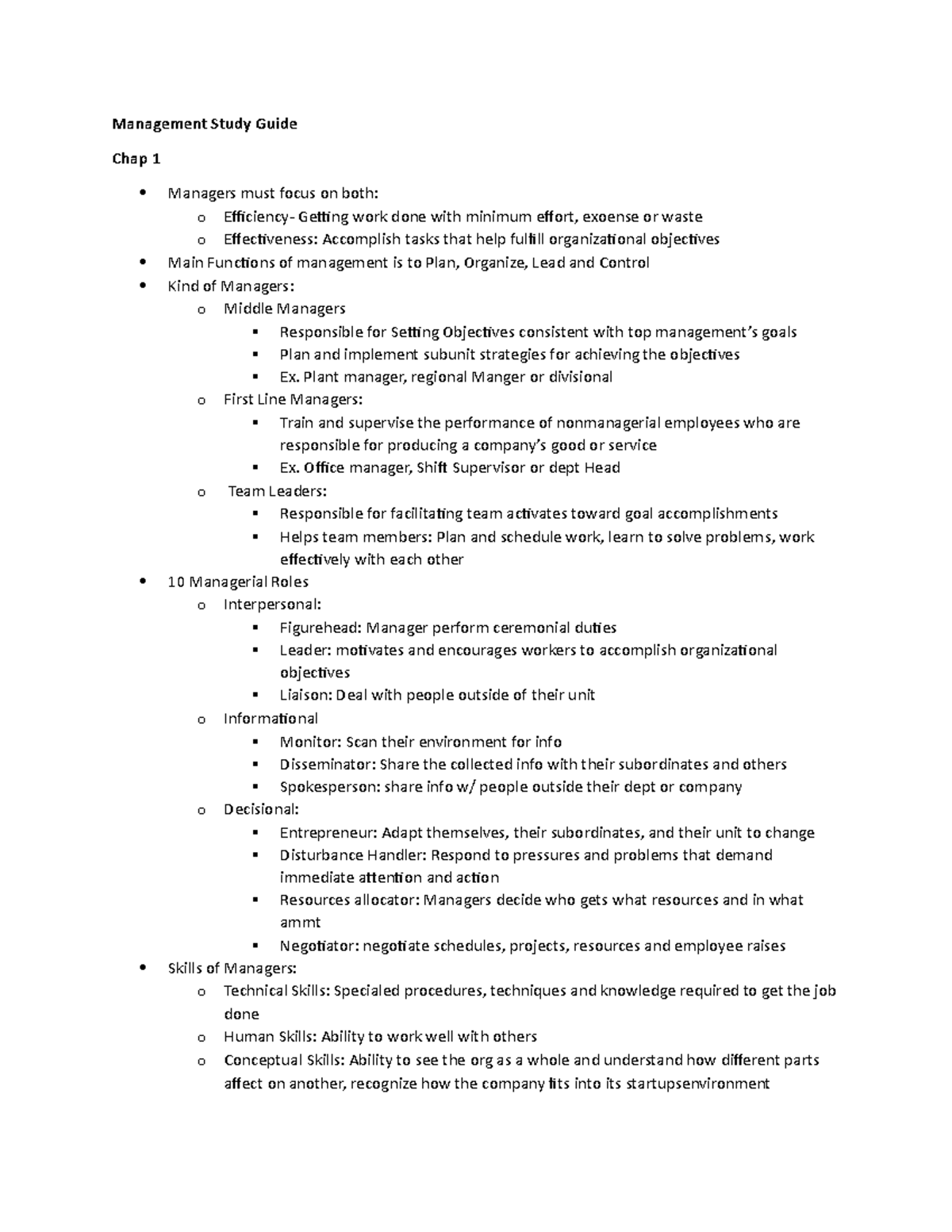 Managment Study guide Test 1 - Management Study Guide Chap 1 Managers ...