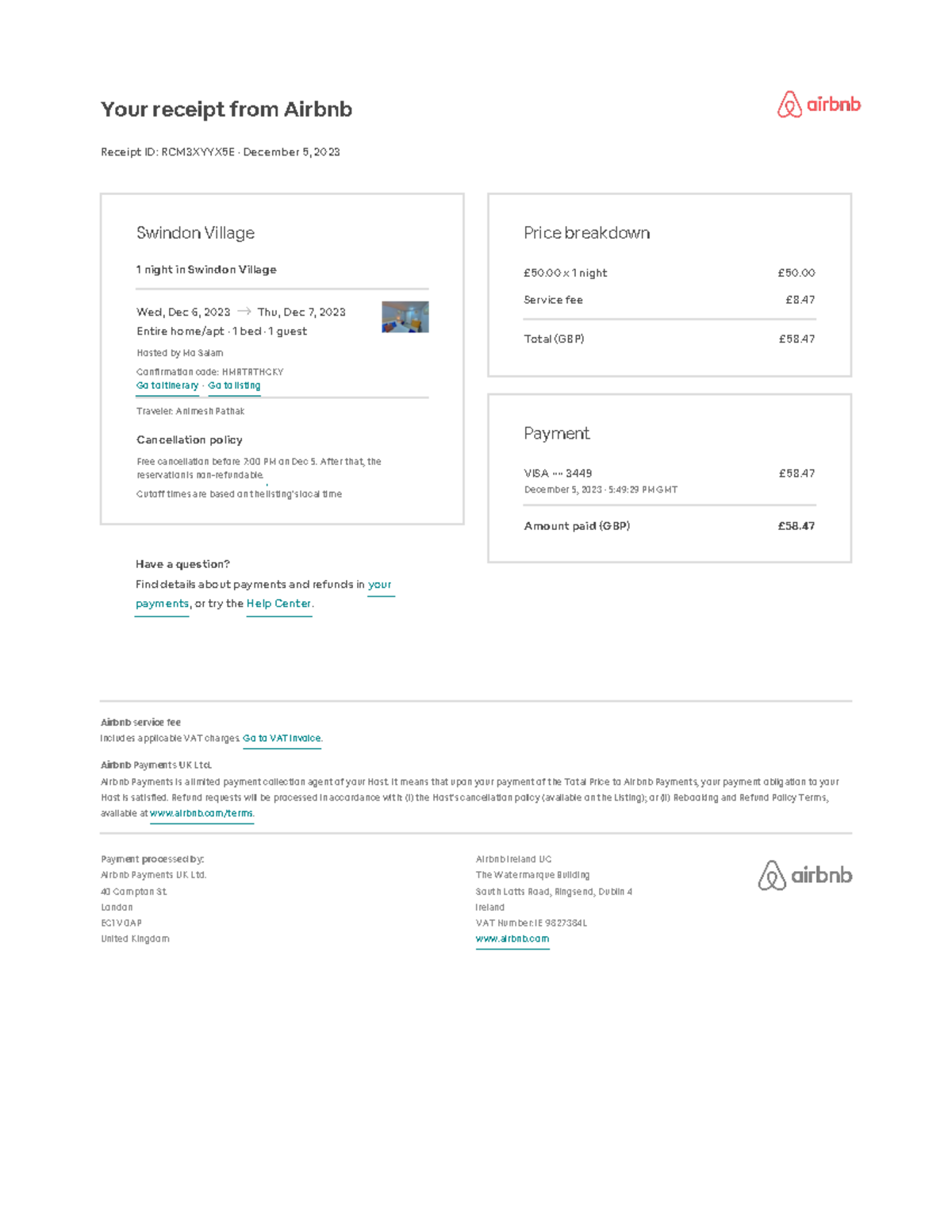 Airbnb receipt - TRY RO GET. PLACE - Airbnb Ireland UC The Watermarque ...