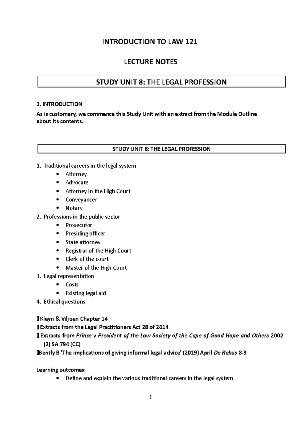 2020 ILL121 CORE Notes Study UNIT 08 THE Legal Profession Lecture Notes ...