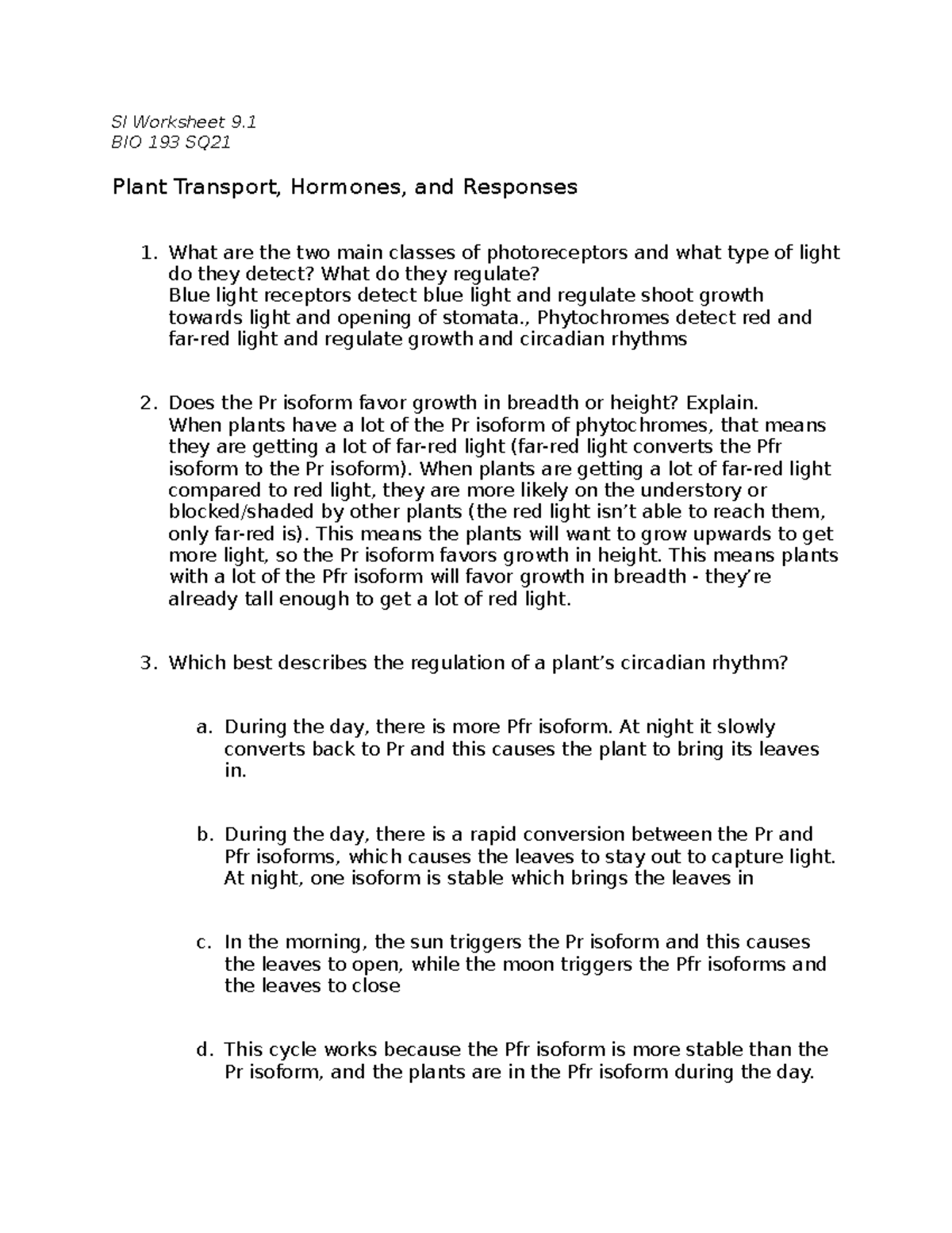 SI Worksheet 9 - BIO 193 SQ Plant Transport, Hormones, and Responses ...