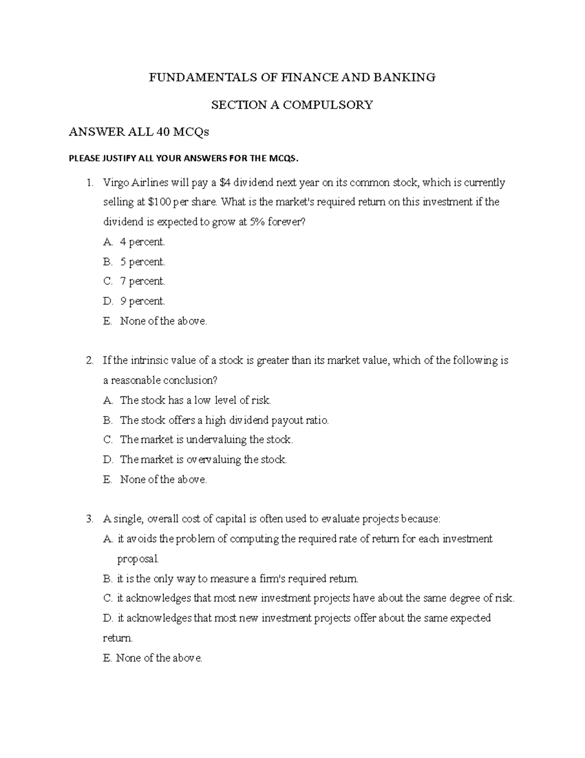 Finance AND Banking question - FUNDAMENTALS OF FINANCE AND BANKING ...