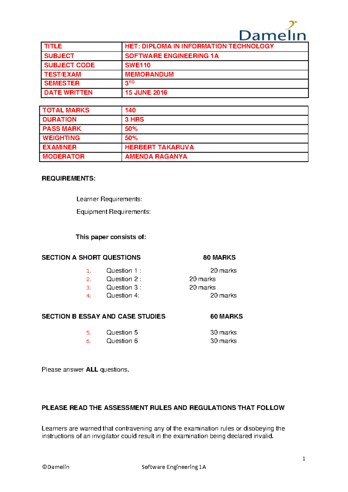Software Engineering 1A Exam Memo - 1 TITLE HET: DIPLOMA IN INFORMATION ...