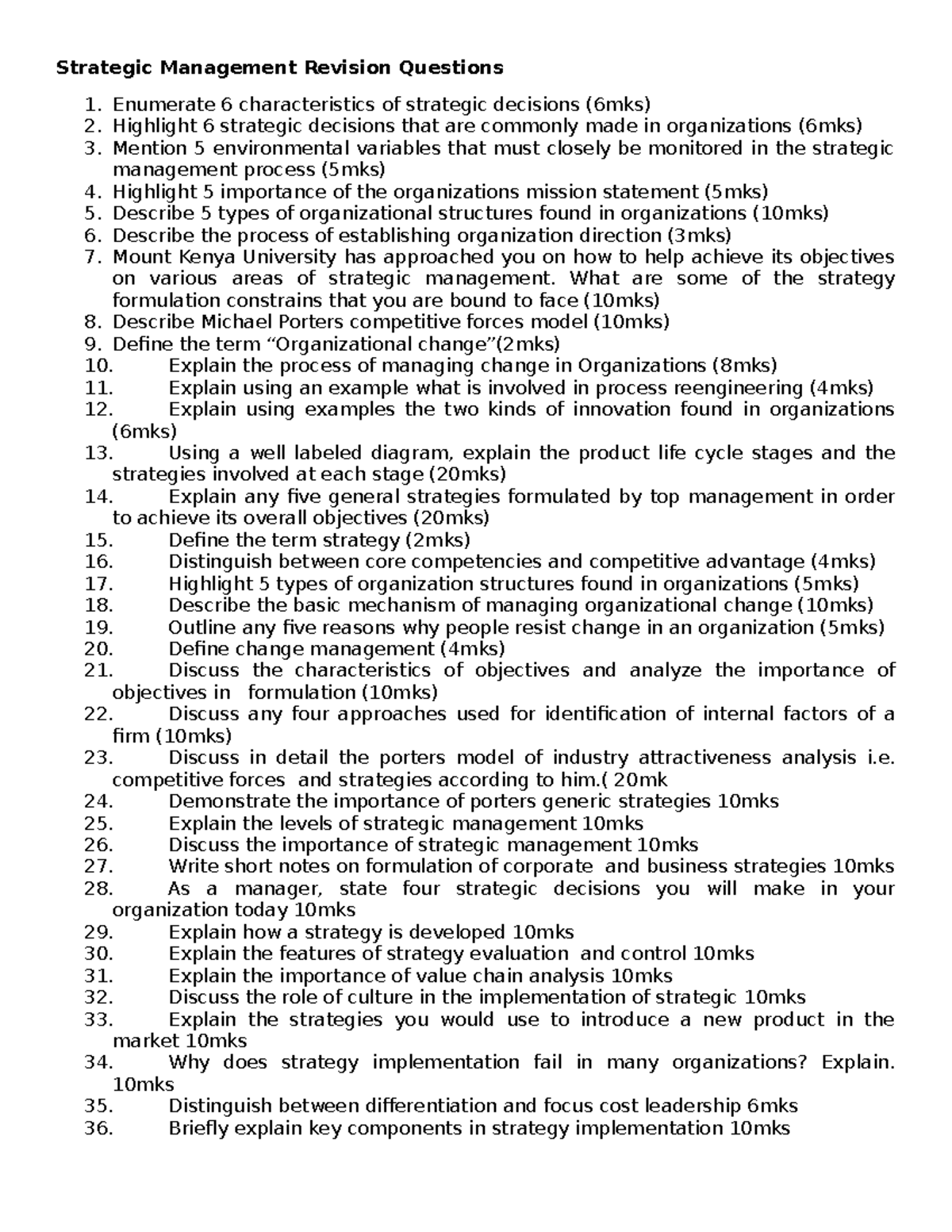 Strategic Management Revision Questions - Enumerate 6 characteristics ...
