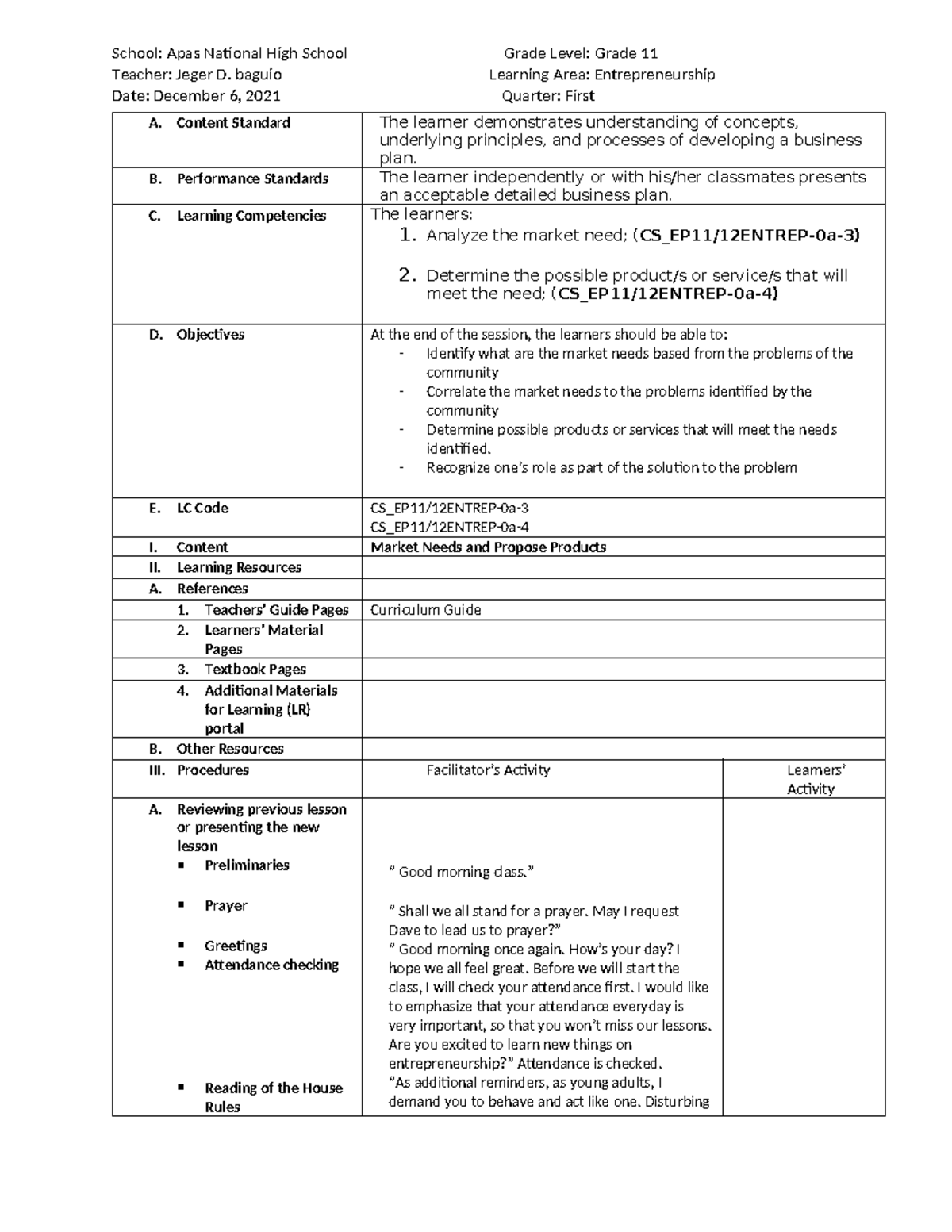 JB detailed-lesson-plan-on-entrepreneurship Business PLAN - Teacher ...