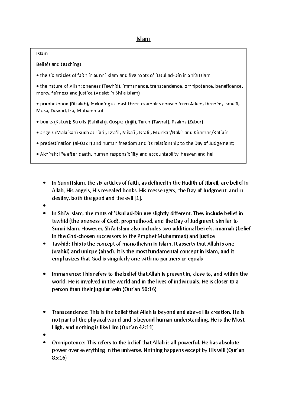 Islam - notes - Islam In Sunni Islam, the six articles of faith, as ...