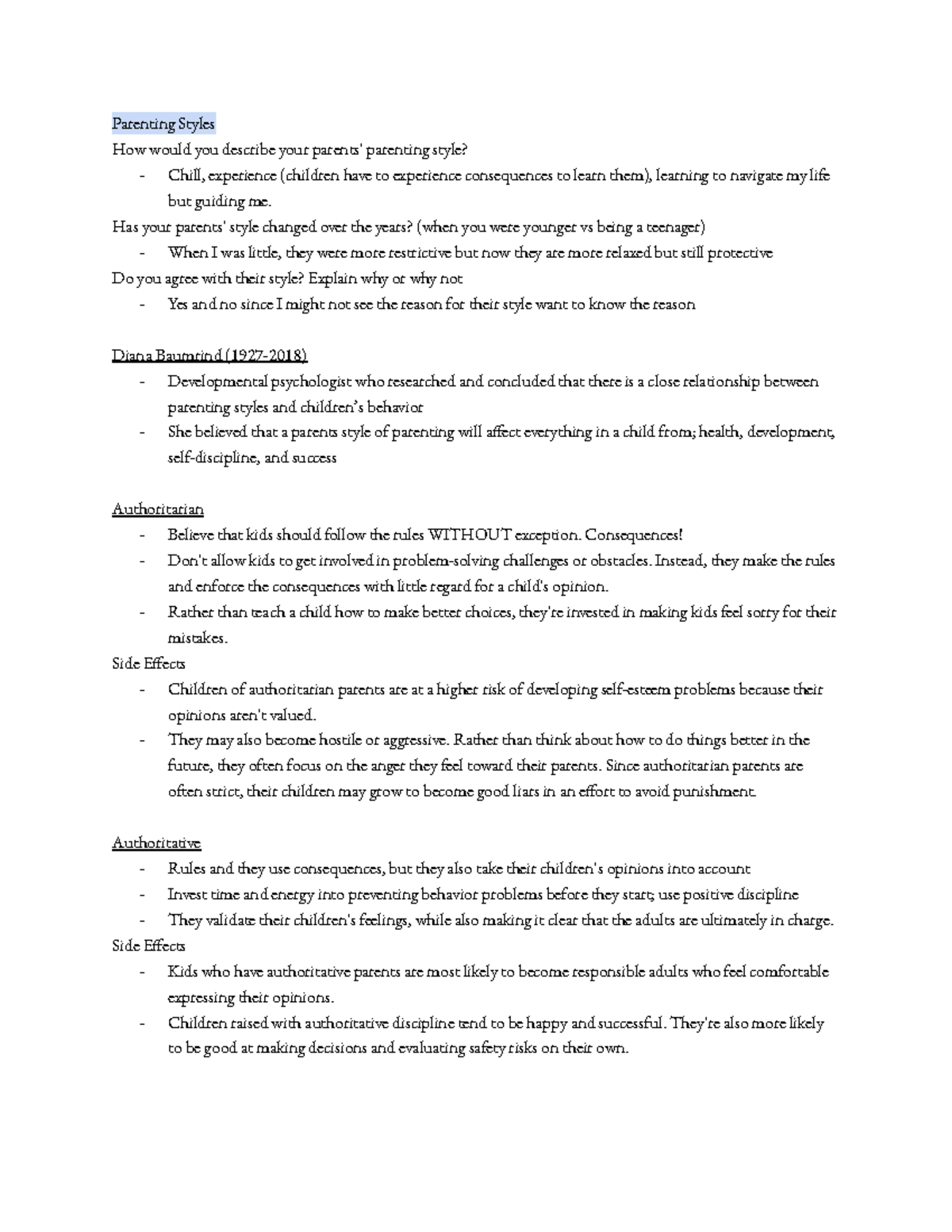 Parenting Styles Notes - Parenting Styles How would you describe your ...