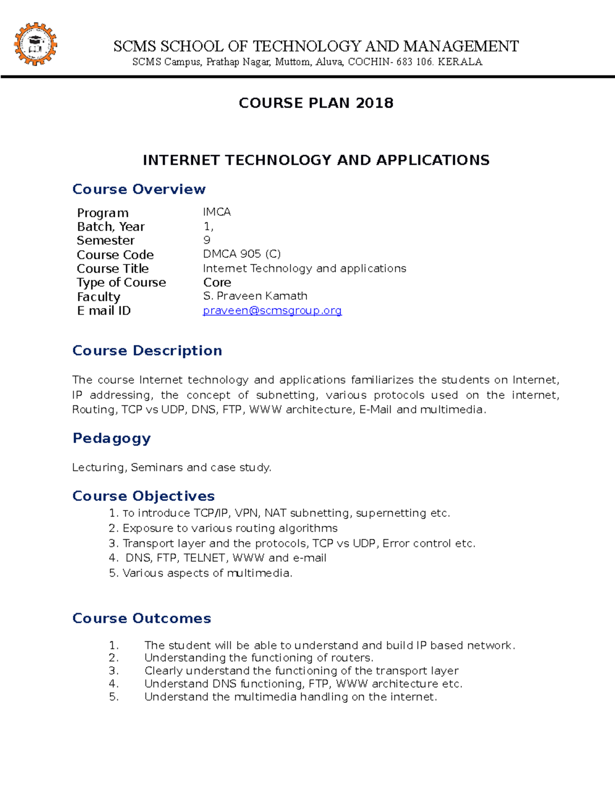 Ddmca sem 9 itda course plan - SCMS Campus, Prathap Nagar, Muttom, Aluva, COCHIN- 683 106 ...