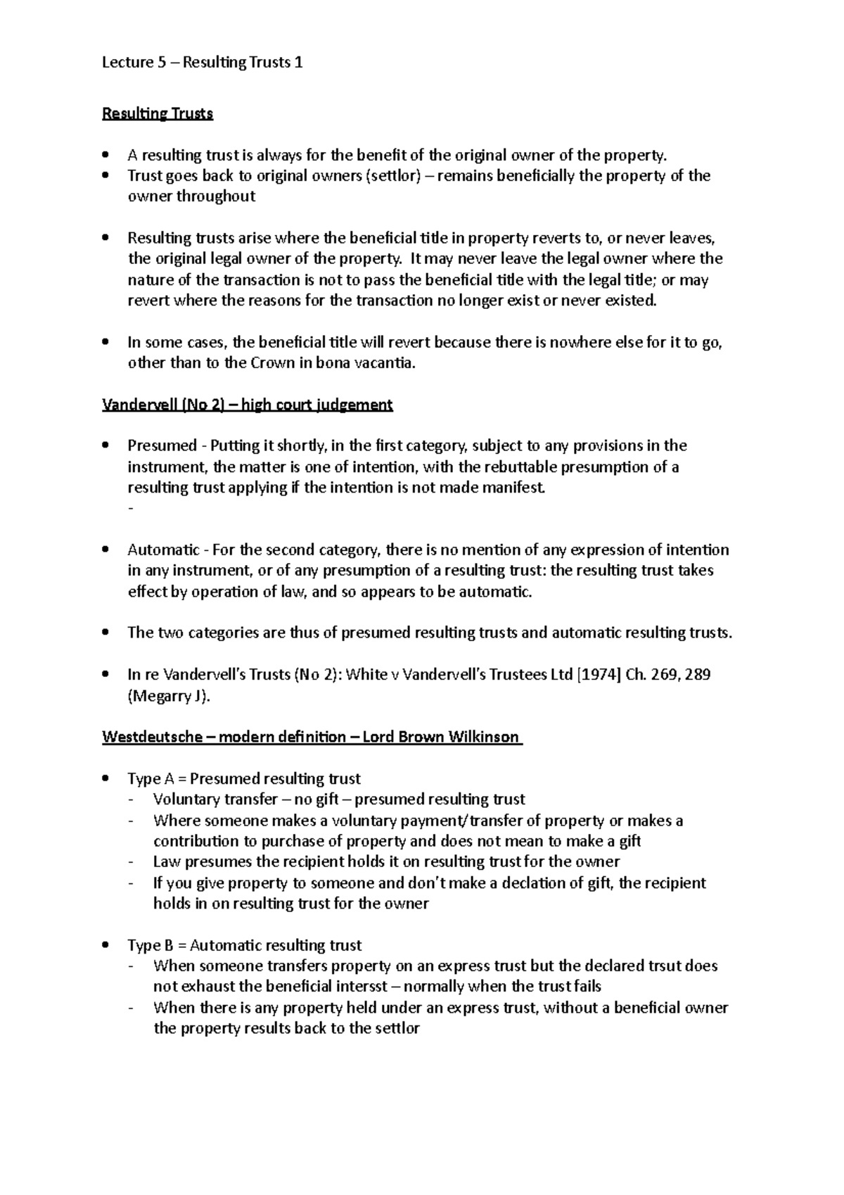 Lecture 5 - Resulting Trusts 1 - Resulting Trusts A resulting trust is ...