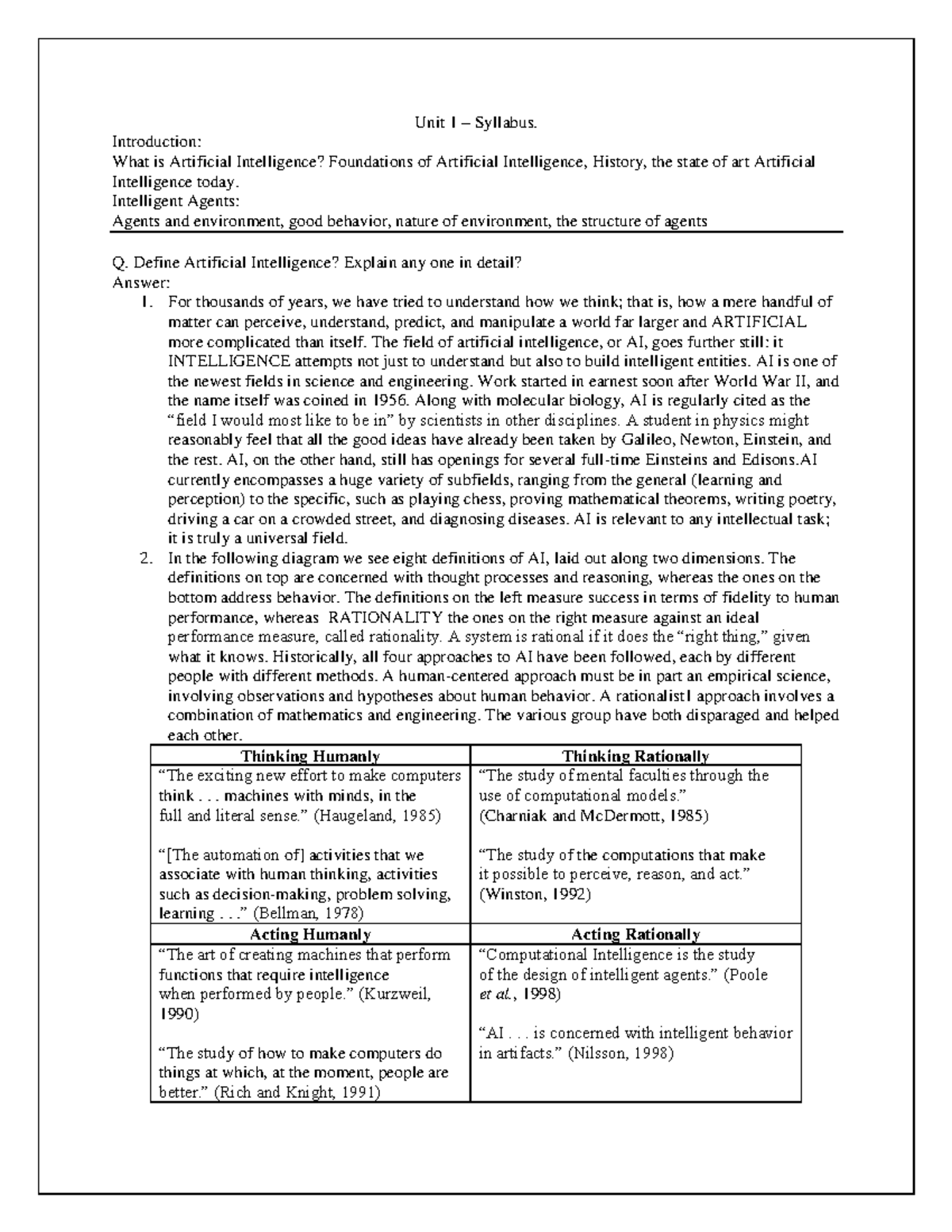 AI Unit 1 - WWWWWWWWW - Unit 1 – Syllabus. Introduction: What is ...