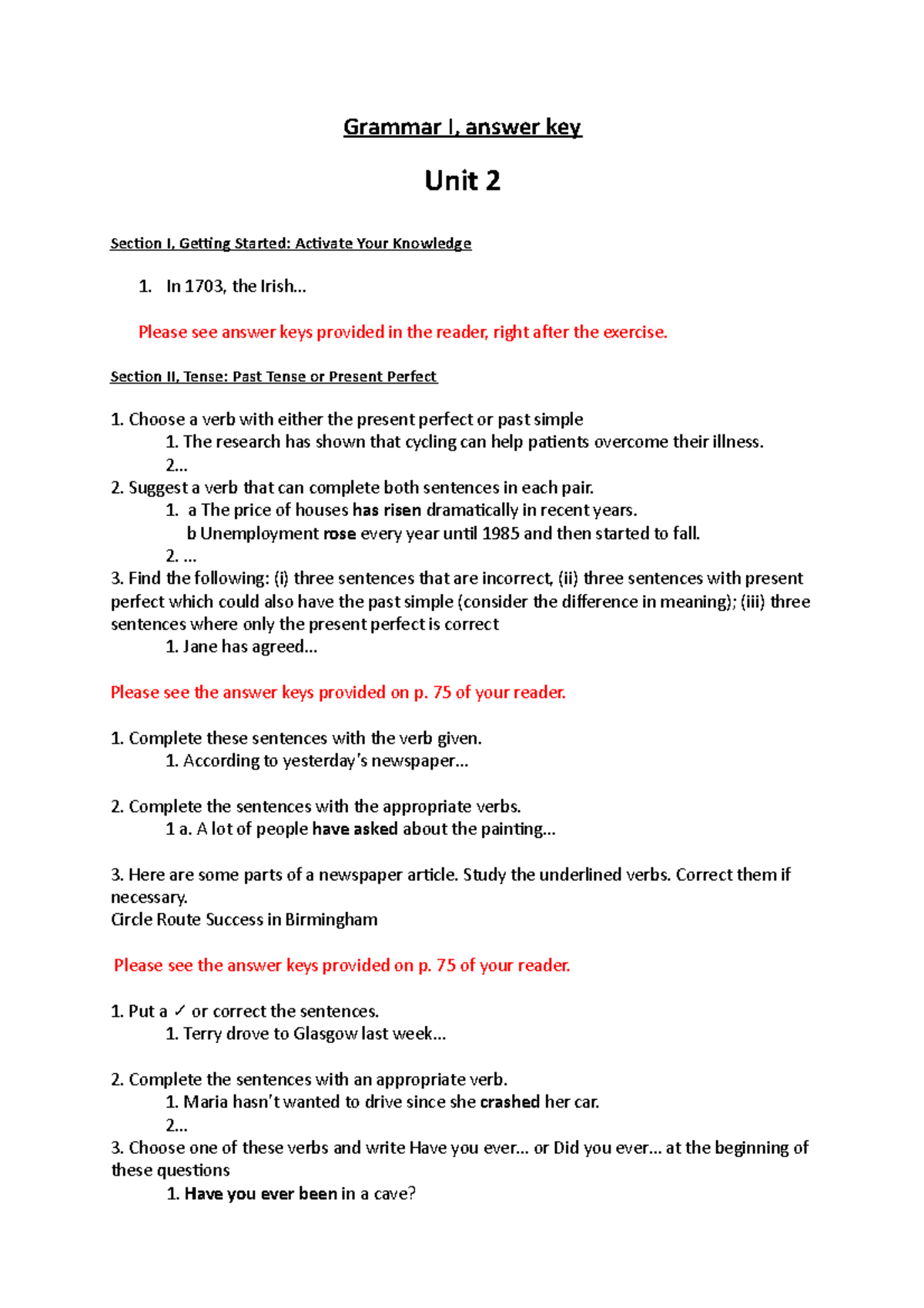 Answer keys unit 2 - Grammar I, answer key Unit 2 Section I, Getting ...