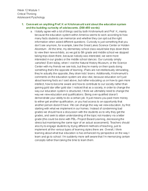 Week 9 Module 1 Critical Thinking - 1 CCP Adolescent Pyschology Week 9 ...