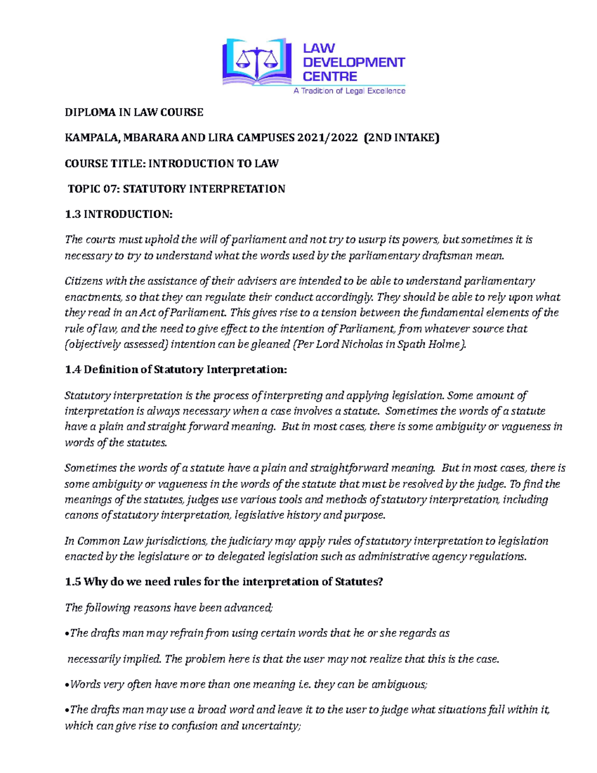 Introduction to law Topic 07 - DIPLOMA IN LAW COURSE KAMPALA, MBARARA ...