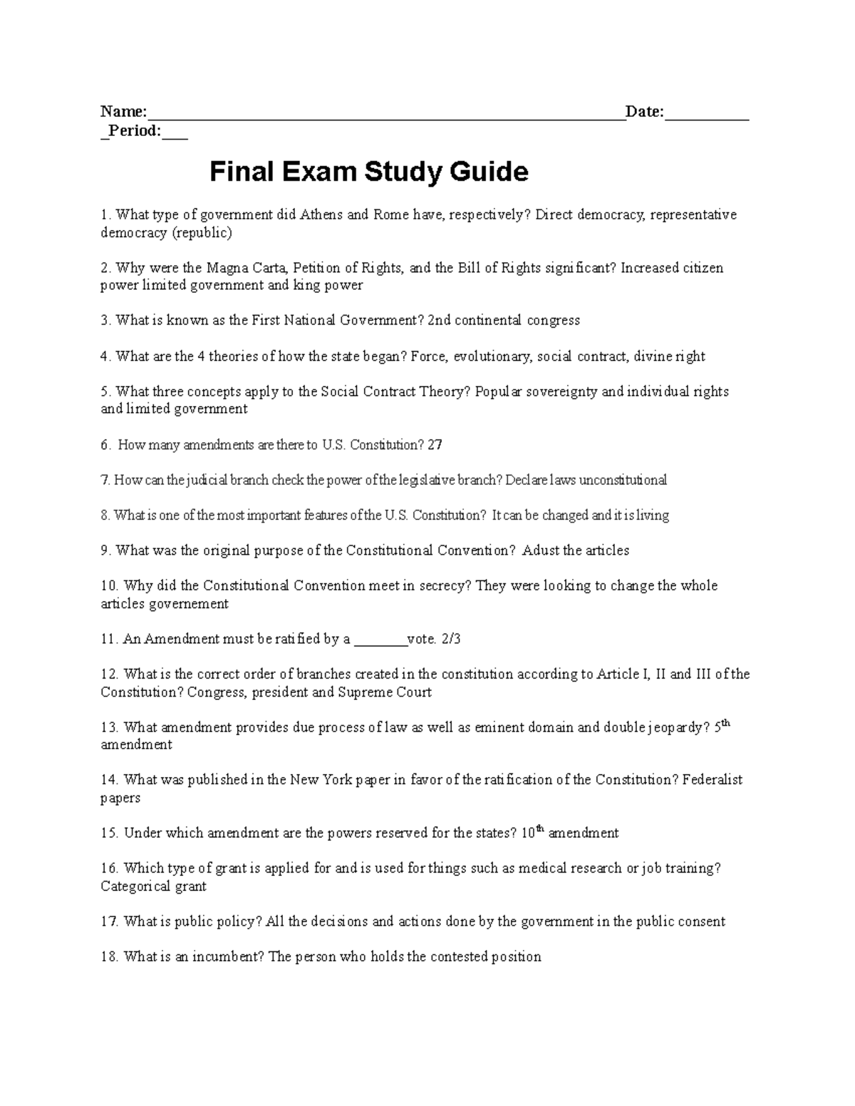 Final exam study guide with answers - Name