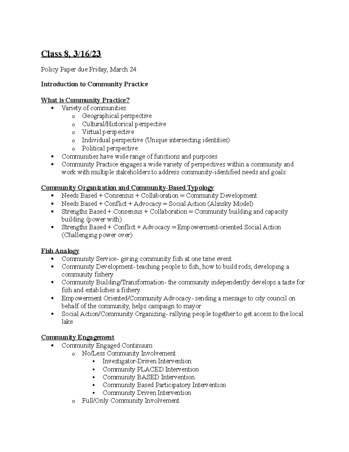 Social Work Policy, Weeks 8 and 10 - Class 8, 3/16/ Policy Paper due ...
