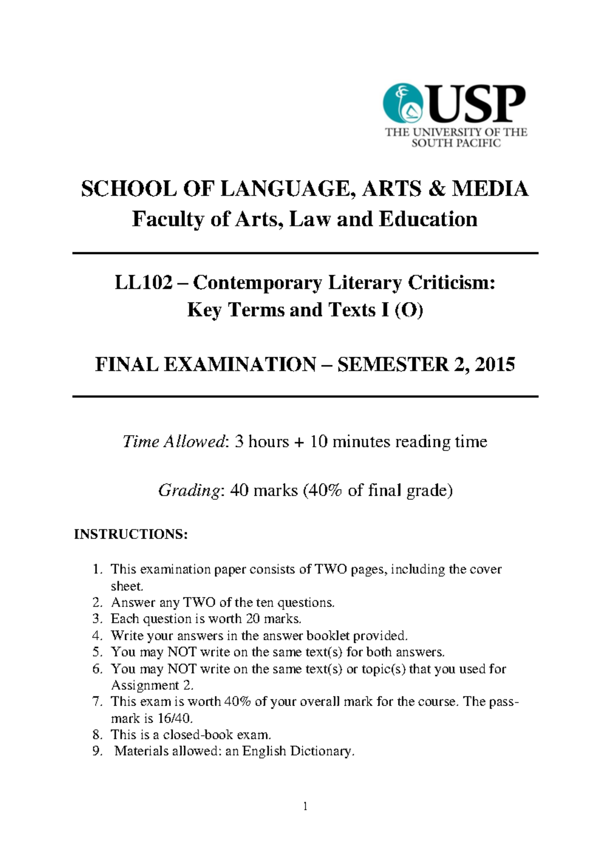LL102 Exam - Past paper - 1 SCHOOL OF LANGUAGE, ARTS & MEDIA Faculty of ...