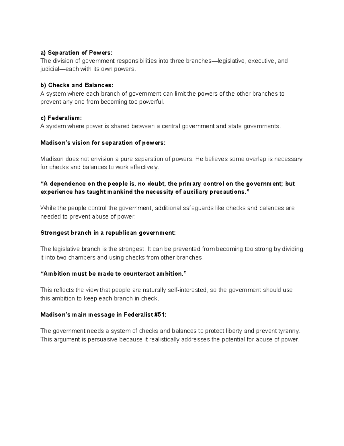 Federalist 51 Questions and Answers - a) Separation of Powers: The ...