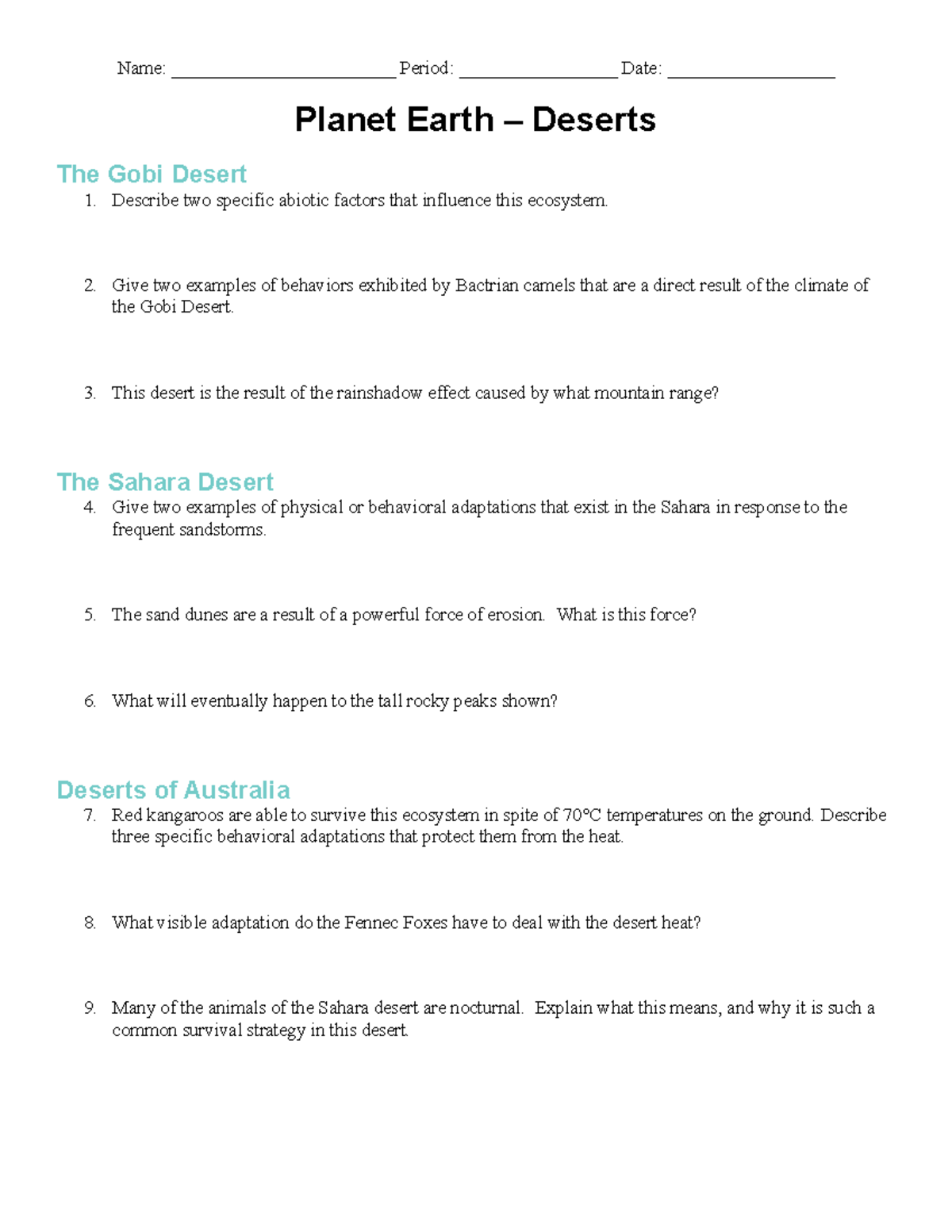 Planet Earth Deserts Worksheet Name Period