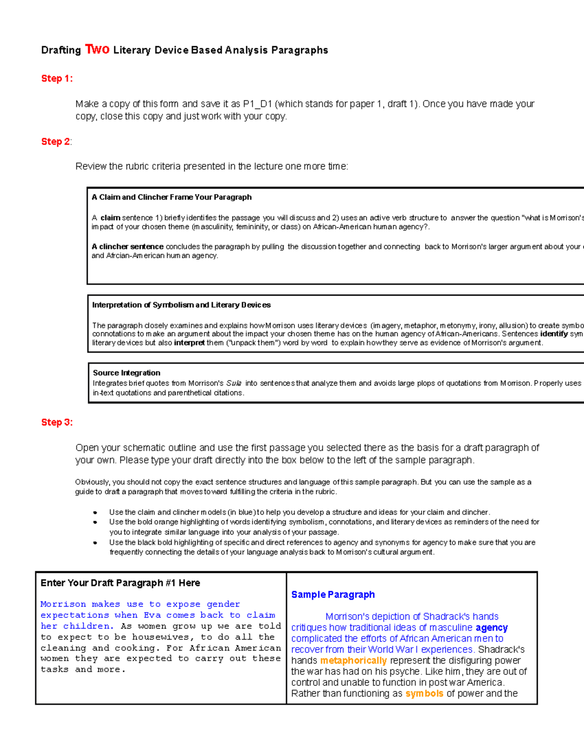 Paper 1 Draft 1 - Essay Outline for the novel Sula - Drafting Two ...