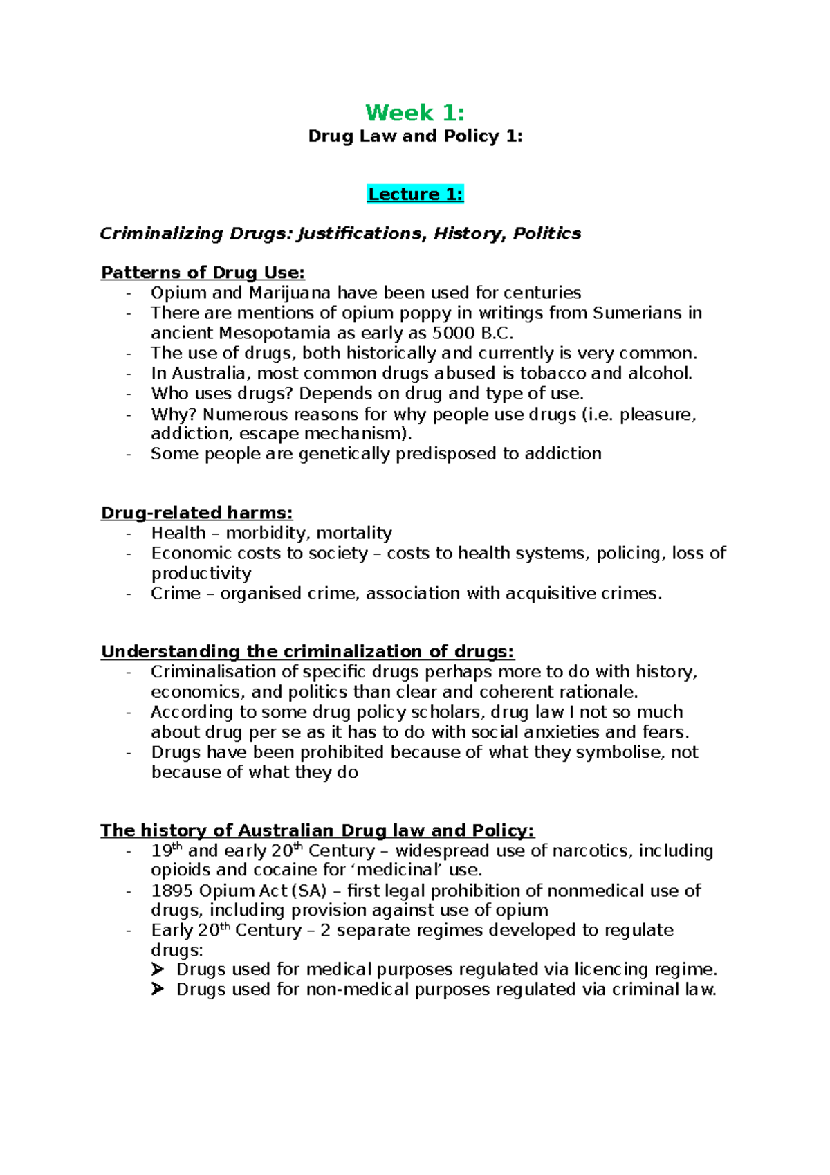 Lectures + Seminars crim b - Week 1: Drug Law and Policy 1: Lecture 1 ...
