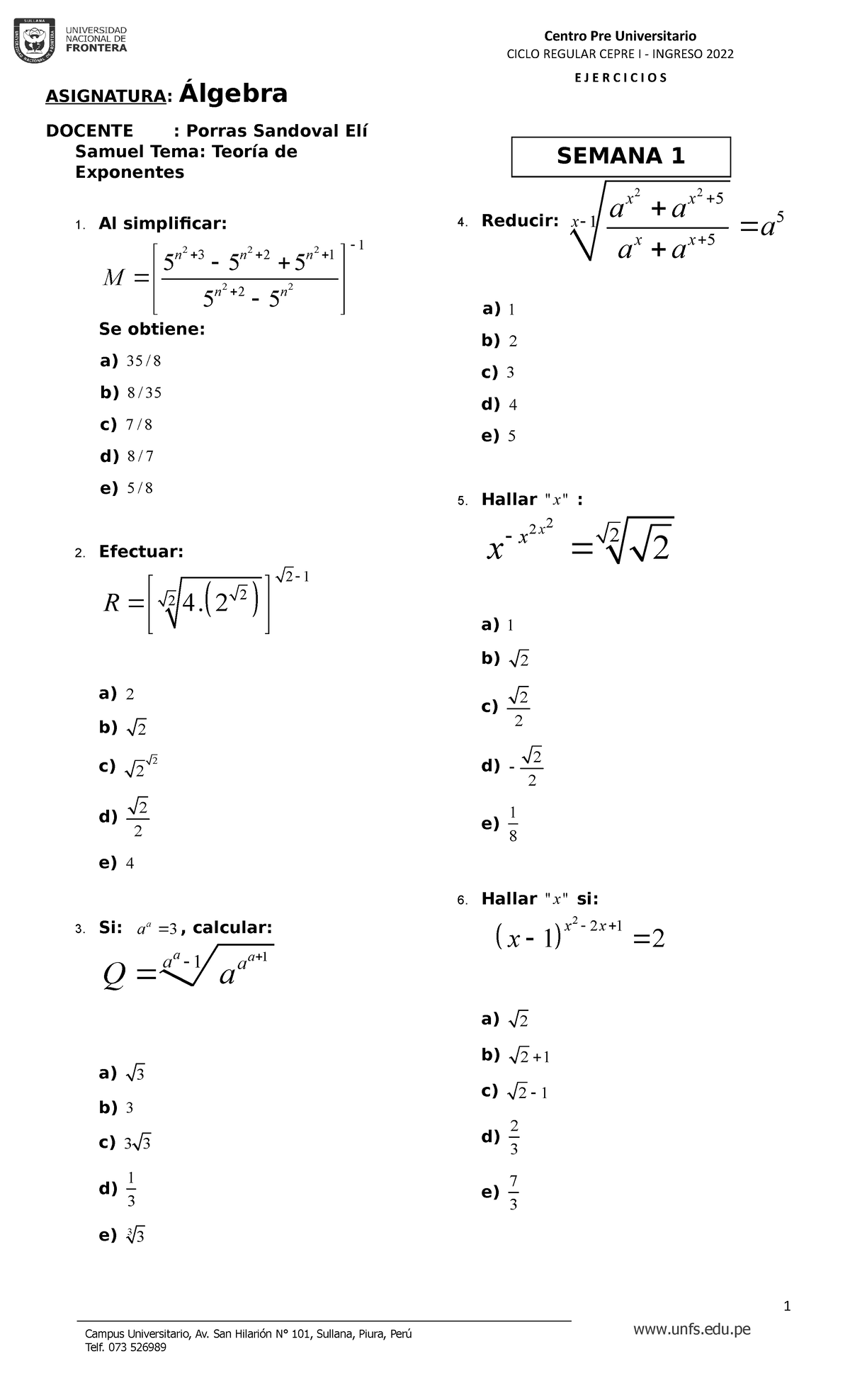 Semana 1 - Práctica Álgebra - Campus Universitario, Av. San Hilarión N ...