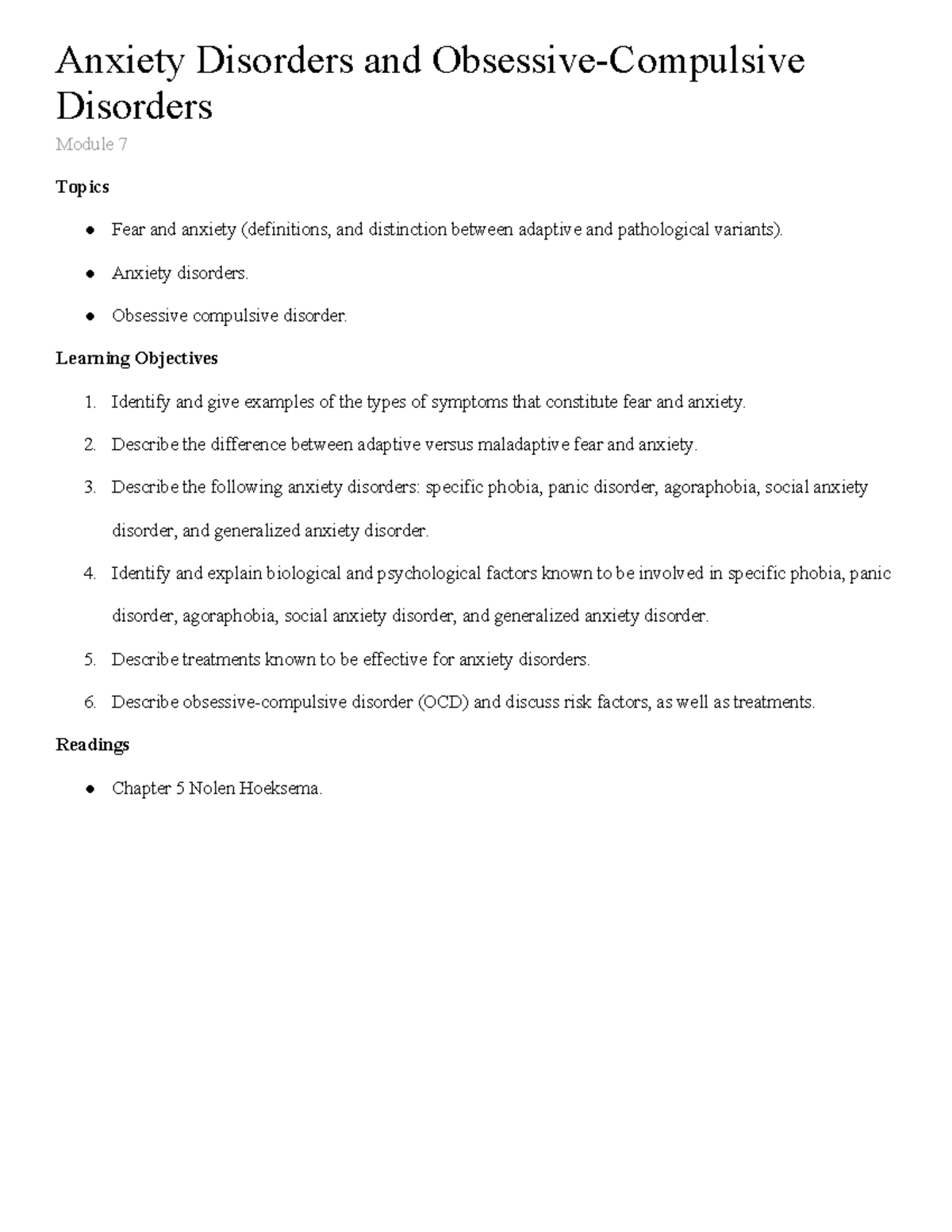 Module 7 Lecture Notes and Textbook Notes - Anxiety Disorders and ...