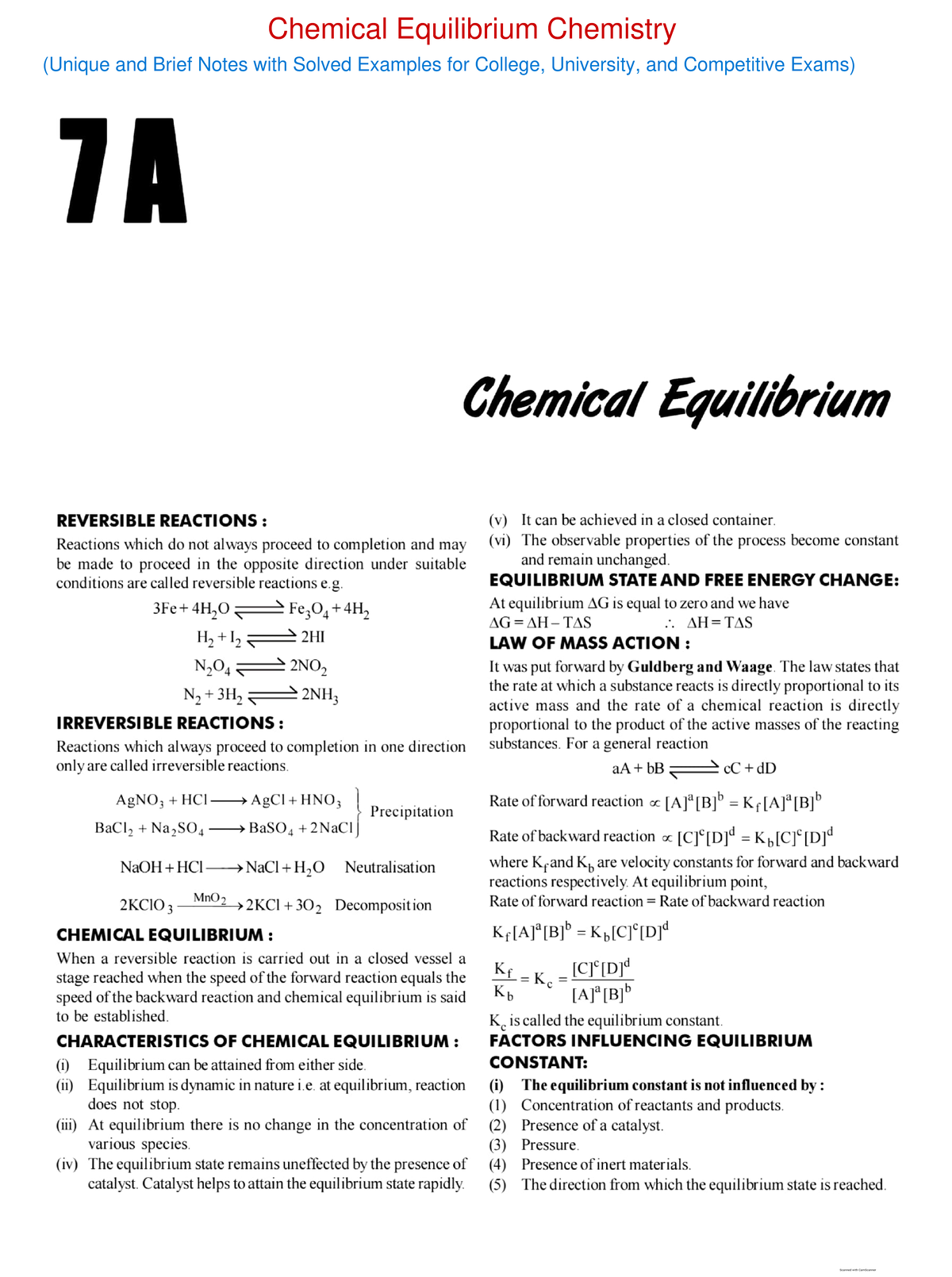 Chemical Equilibrium Chemistry Unique and Brief Notes with Solved ...