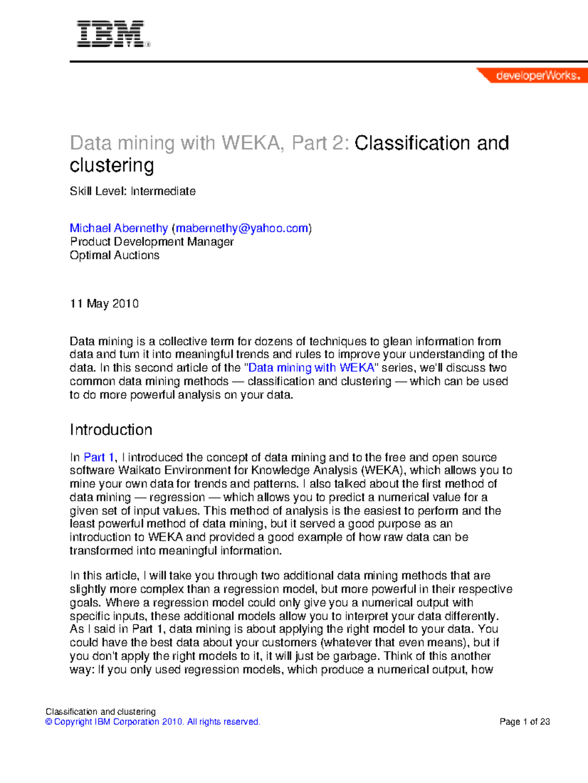 Os-weka2-pdf - practical classification - Data mining with WEKA, Part 2: Classification and ...