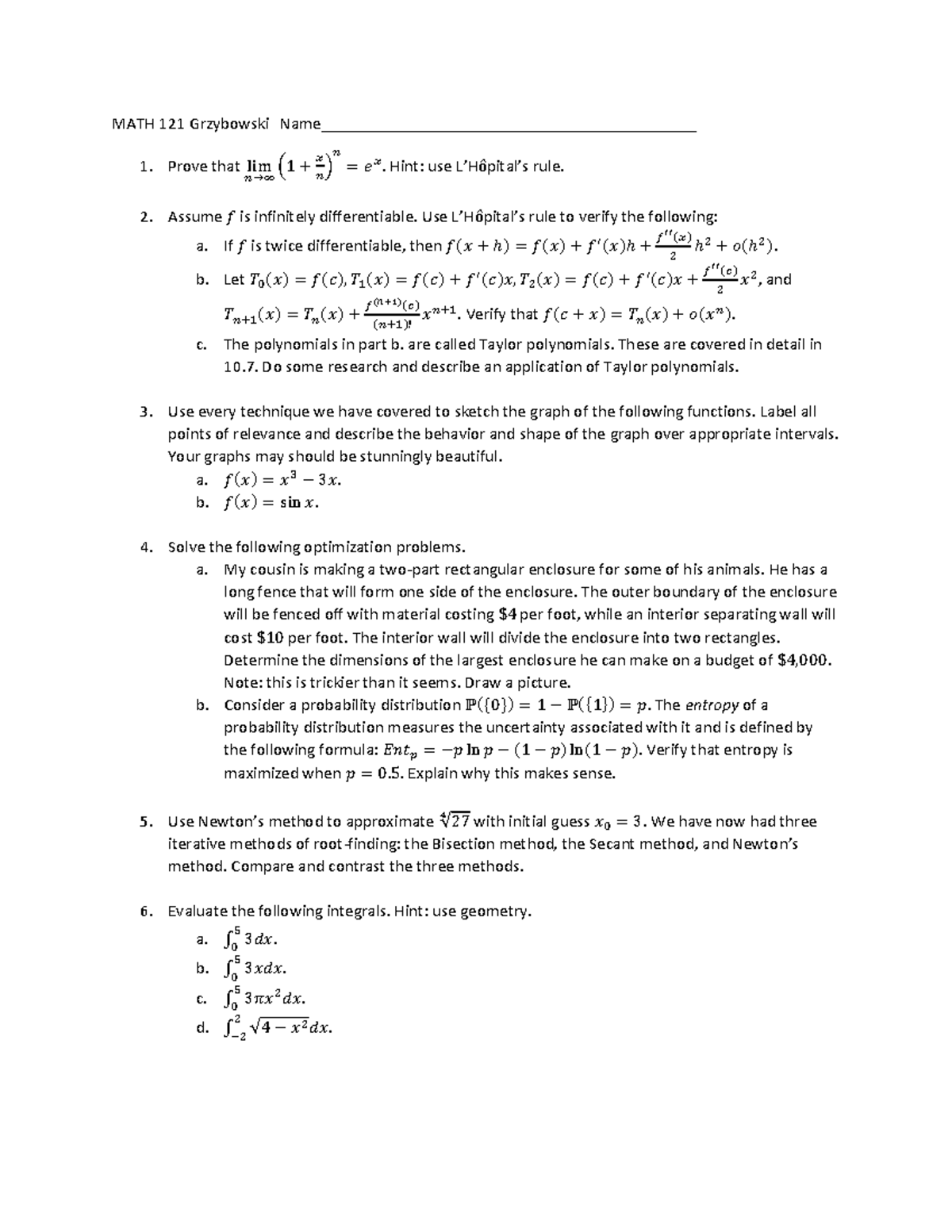 MATH 121 Worksheet 7 - Calculus - MATH 121 Grzybowski - Studocu