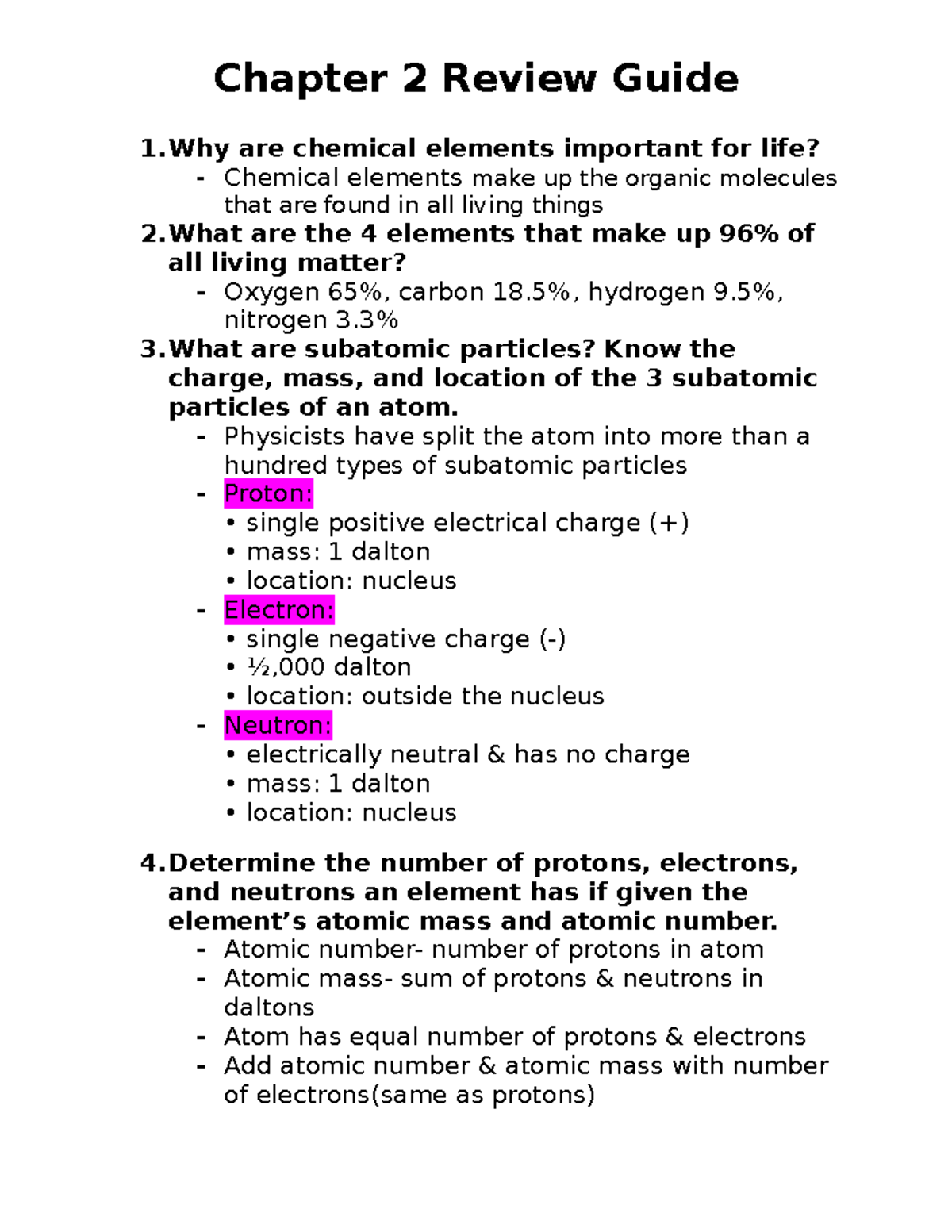 Biology chap. 2 review guide - 1 are chemical elements important for ...