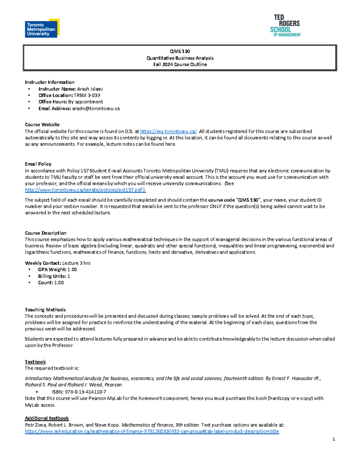 QMS 130 F2024 - Course Outline - QMS 130 Quantitative Business Analysis ...