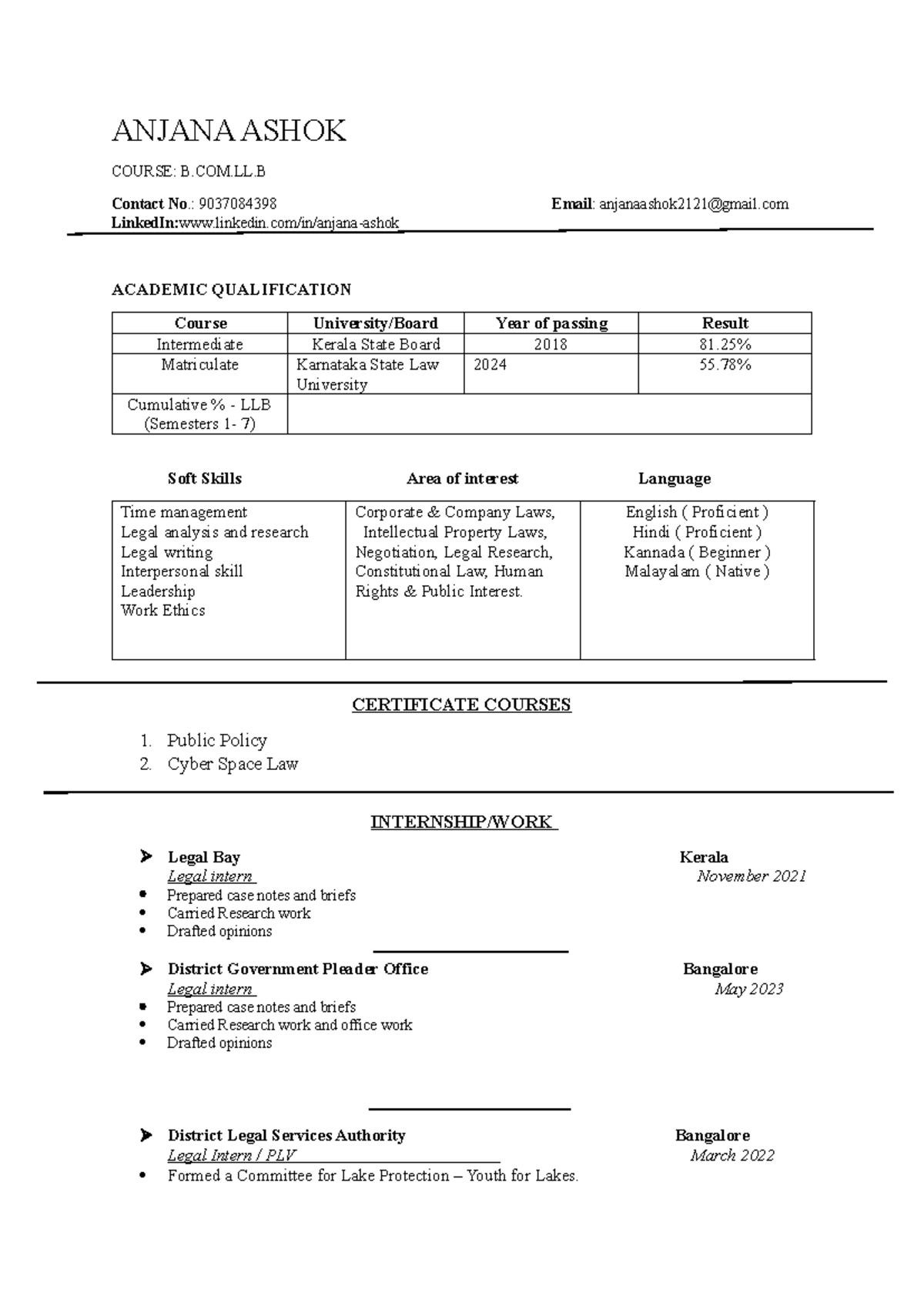 Anjana cv clg placement - ANJANA ASHOK COURSE: B.COM.LL Contact No.: 9037084398 Email: - Studocu