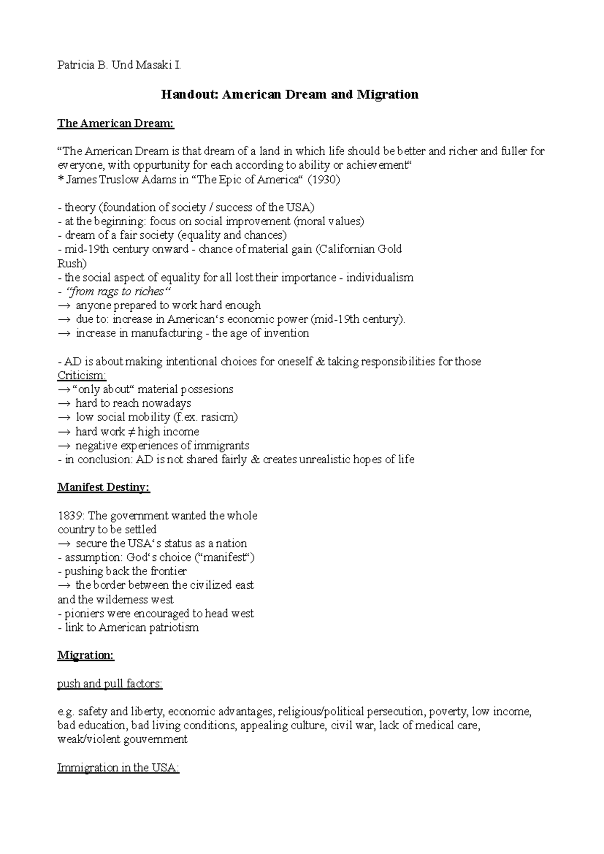 Handout American Dream and Migration Patricia B. Masaki I - Patricia B ...