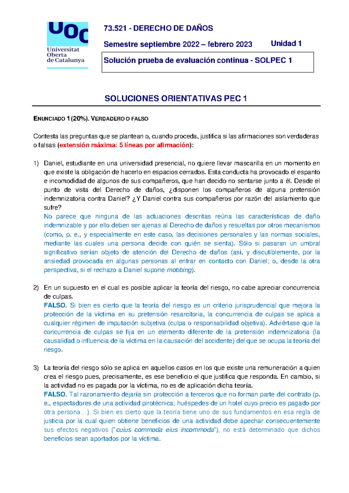 PEC 1 - PROPUESTA SOLUCIÓN - Solución prueba de evaluación continua - SOLPEC 1 73 - DERECHO DE ...