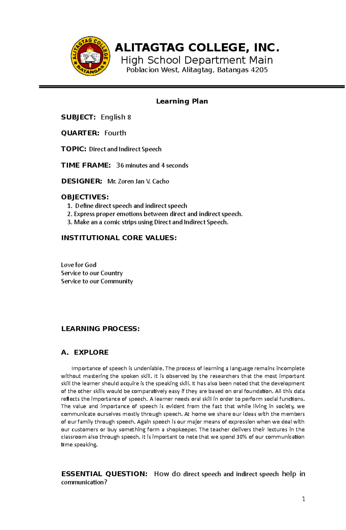 Project Based Learning PLAN - ALITAGTAG COLLEGE, INC. High School ...
