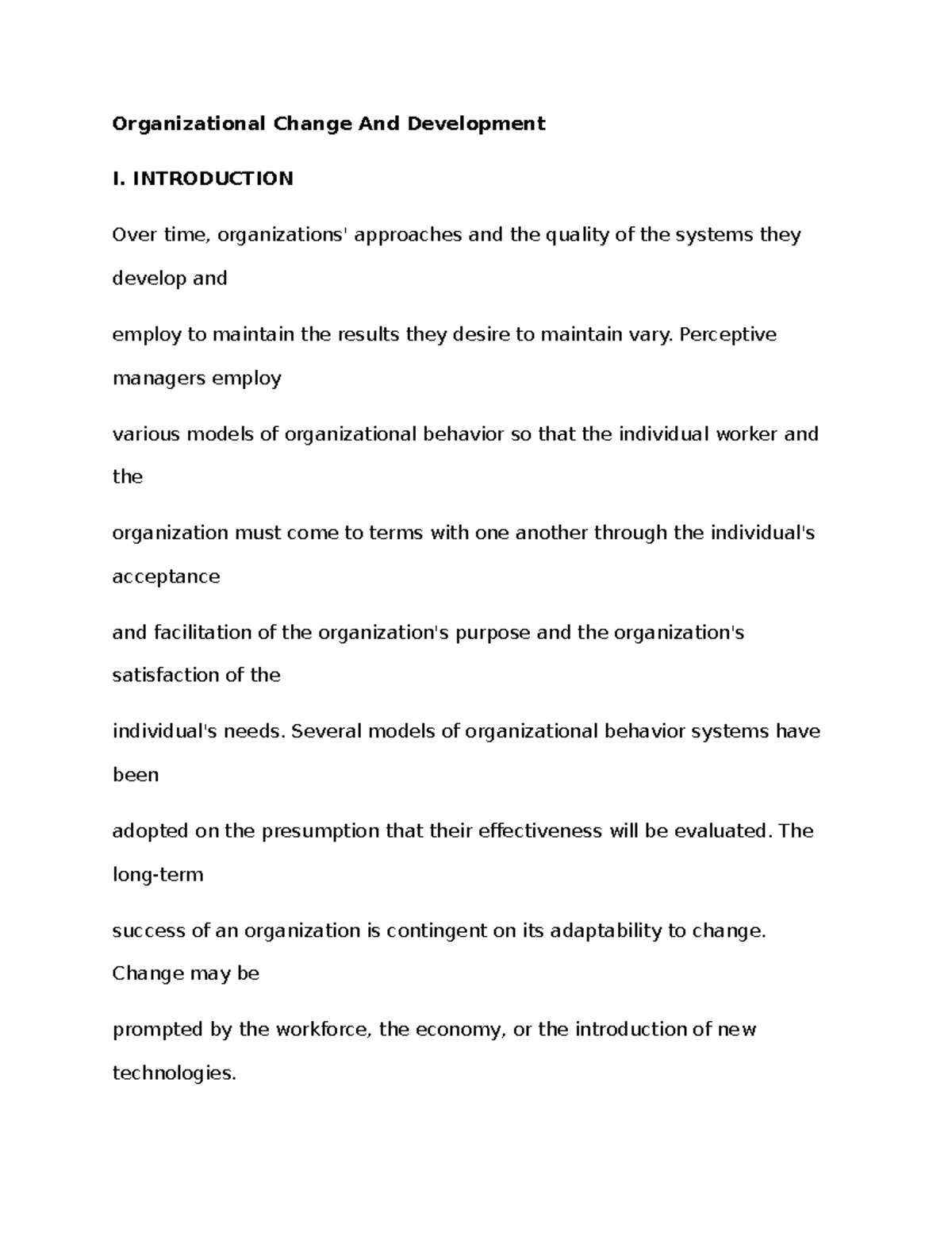 Organizational Change And Development - INTRODUCTION Over time ...