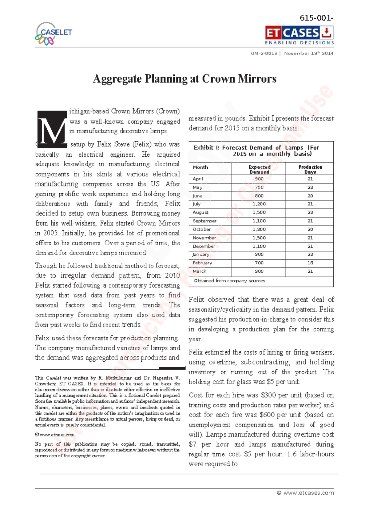 615-001-1 - cffgf - 615-001- 1 M OM-2-0013 | November 19 th 2014 Aggregate Planning at Crown ...