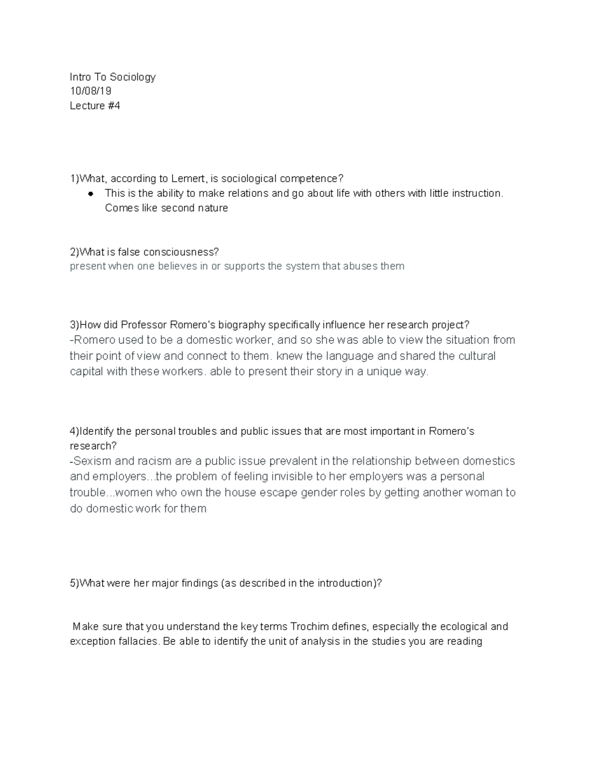 Intro To Sociology - Lecture notes 1-14 - Intro To Sociology 10/08 ...