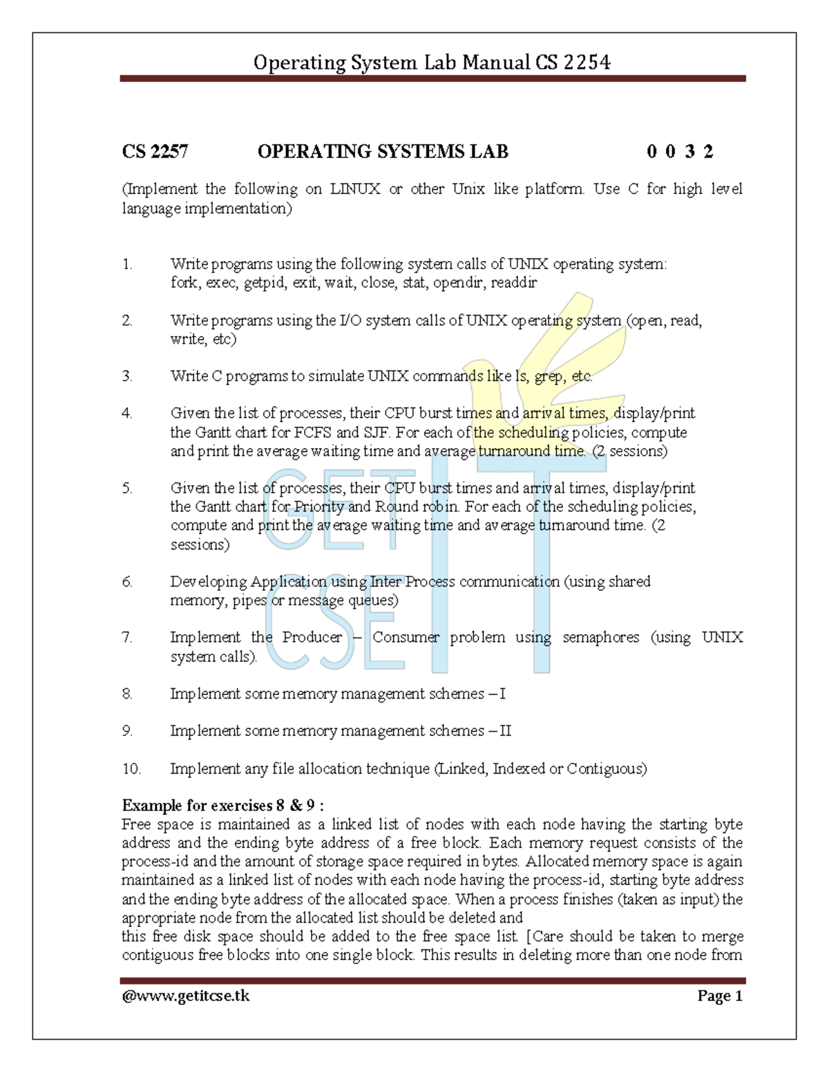 operating System - CS 2257 OPERATING SYSTEMS LAB 0 0 3 2 (Implement the following on LINUX or ...