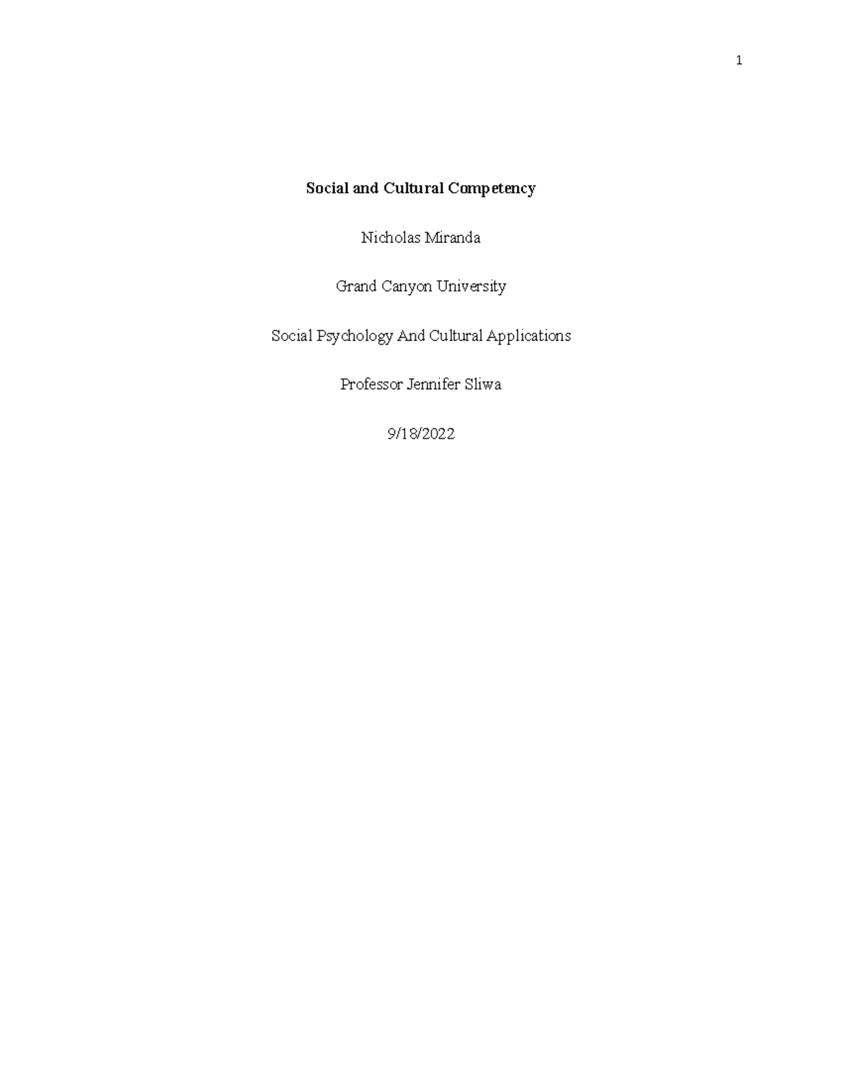 Psych Social Paper Final 2 - Social and Cultural Competency Nicholas ...