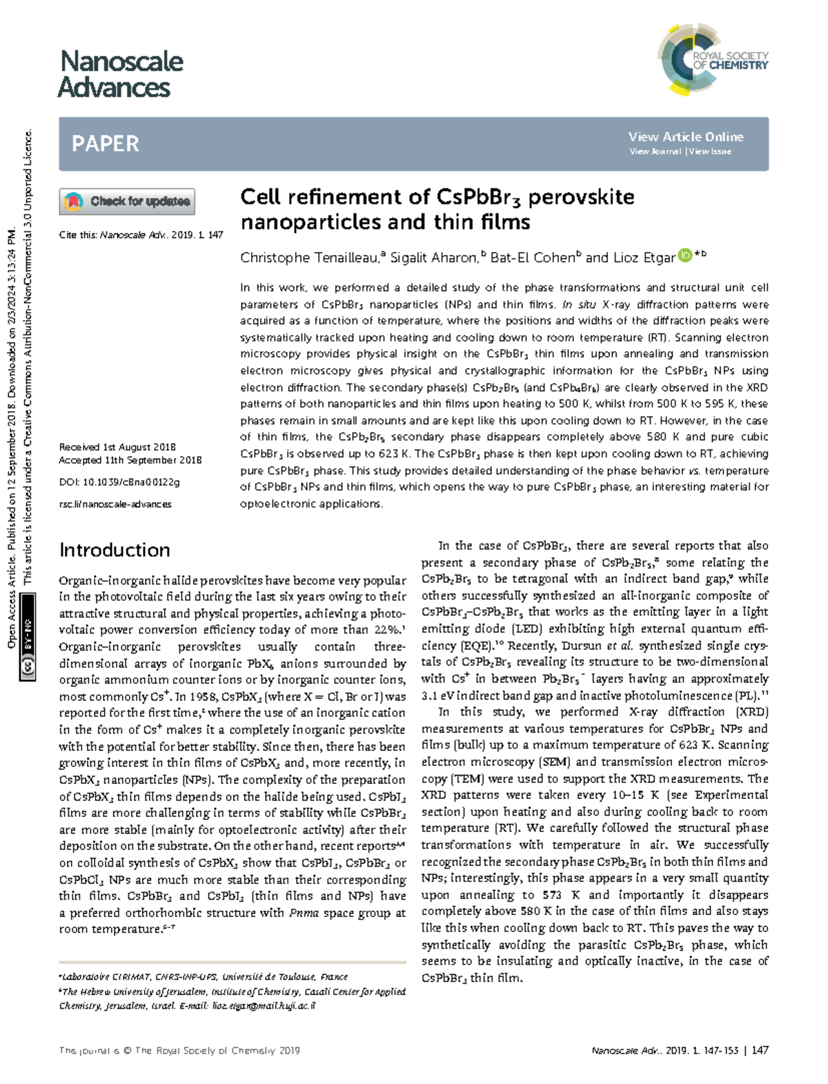 Cell Refinement of Cs Pb Br 3 Perovskite Nanoparticles and Thin Films-C.Tenailleau and S - Cell ...