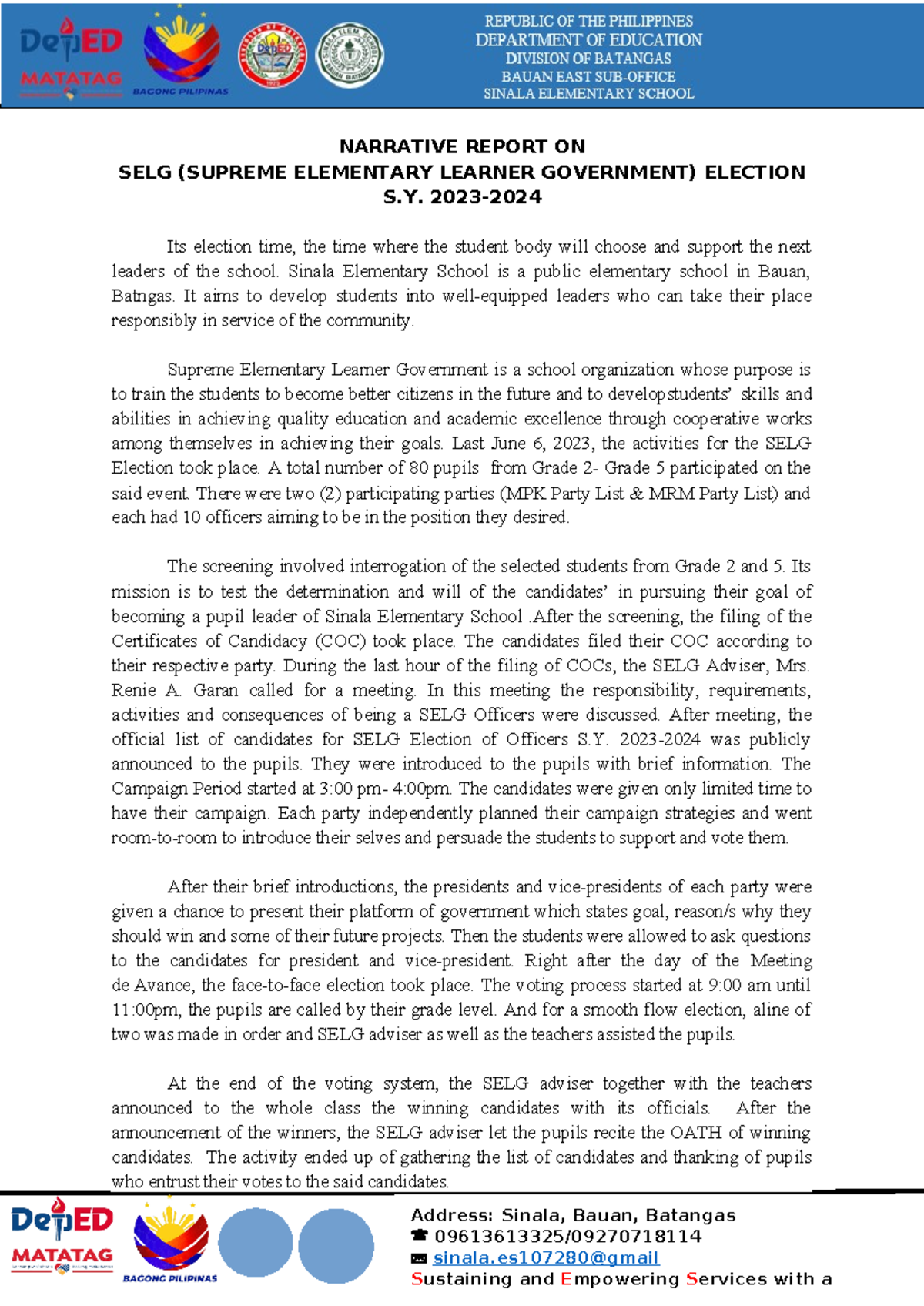 Narrative Report on SELG Election - Address: Sinala, Bauan, Batangas ...
