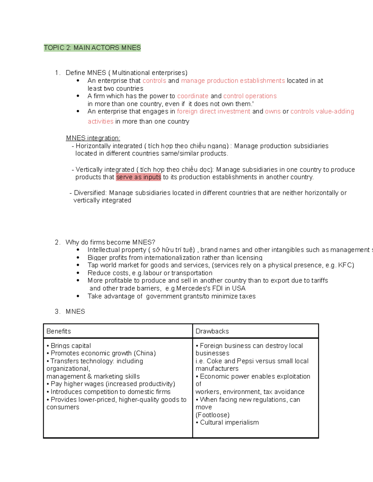 Global Business - Notes MNEs - TOPIC 2: MAIN ACTORS MNES Define MNES ...
