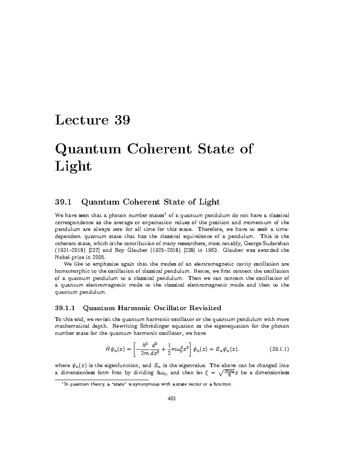 Lecture 39 Notes - Lecture 39 Quantum Coherent State of Light 39 ...