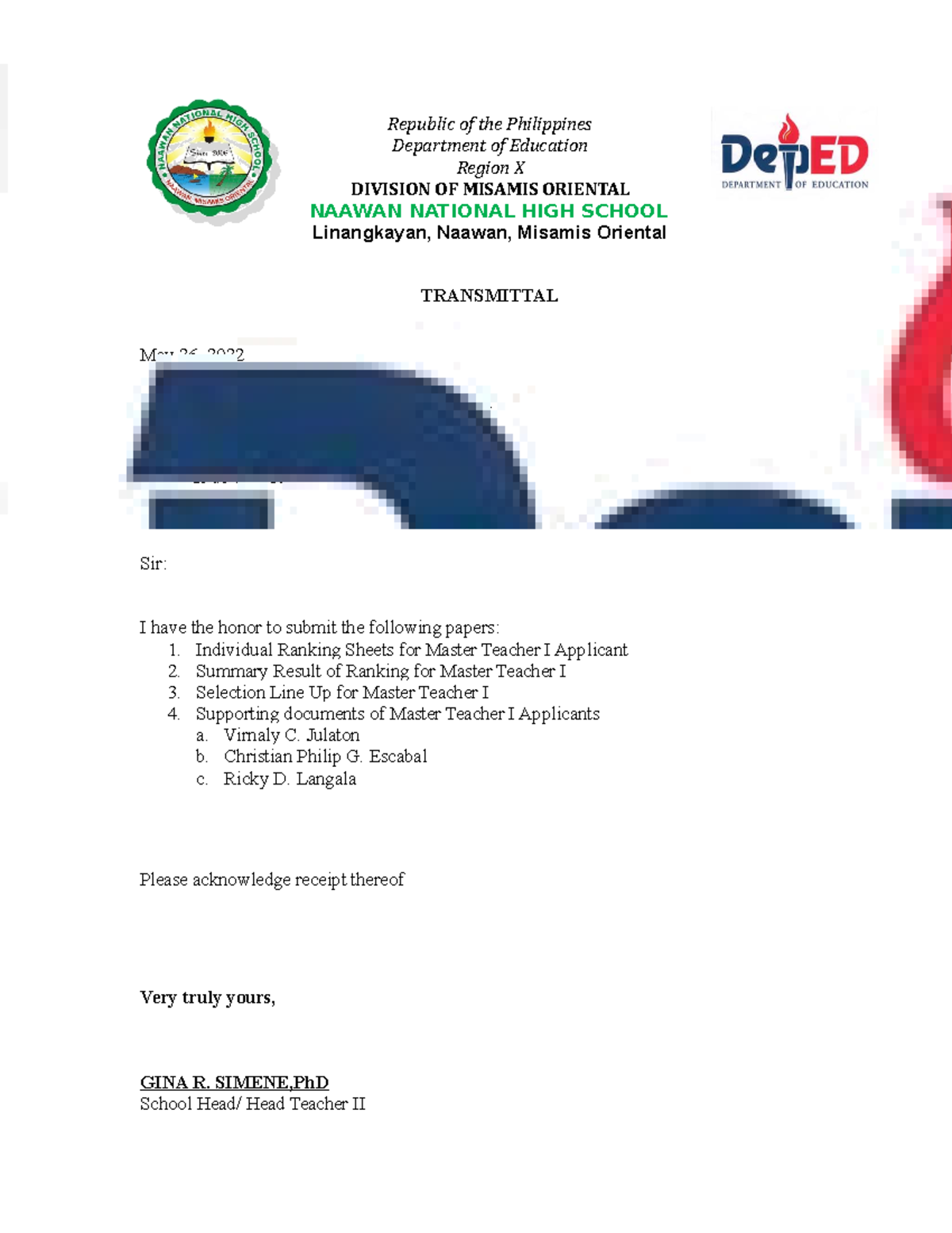 Transmittal - Republic of the Philippines Department of Education ...