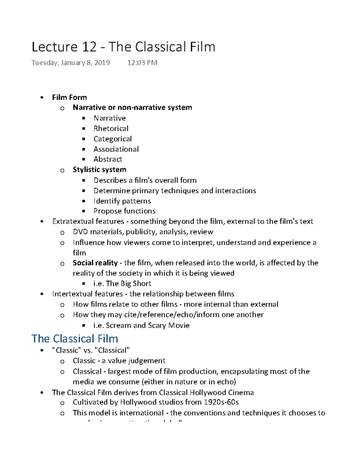 Lecture 12 - The Classical Film - Film Form Narrative or non-narrative ...